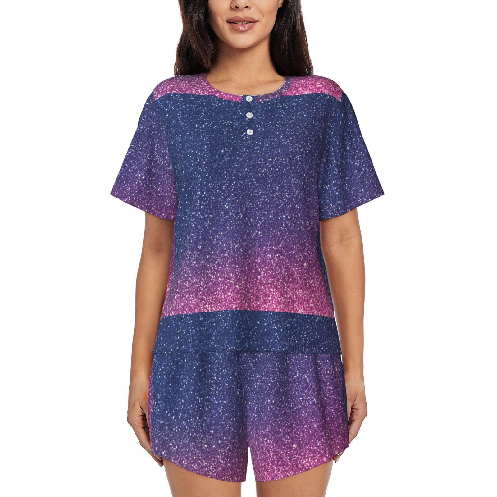 Fotbe Violet Glitter Print Pajama Set for Women 2 Piece Loungewear Short Sleeve Tops and Shorts ...