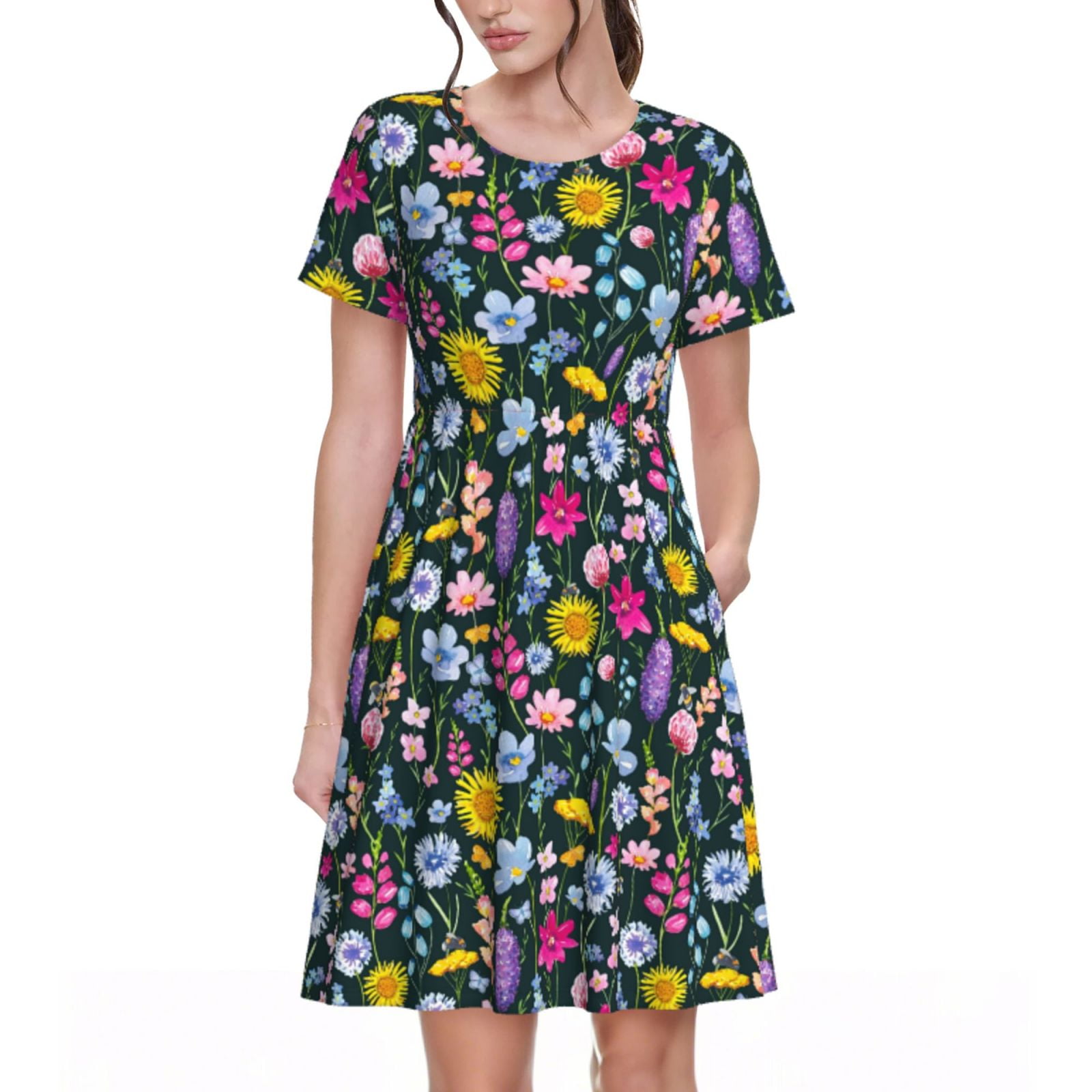Fotbe Watercolor Meadow Flowers Pattern Dress Casual Womens Fashion ...