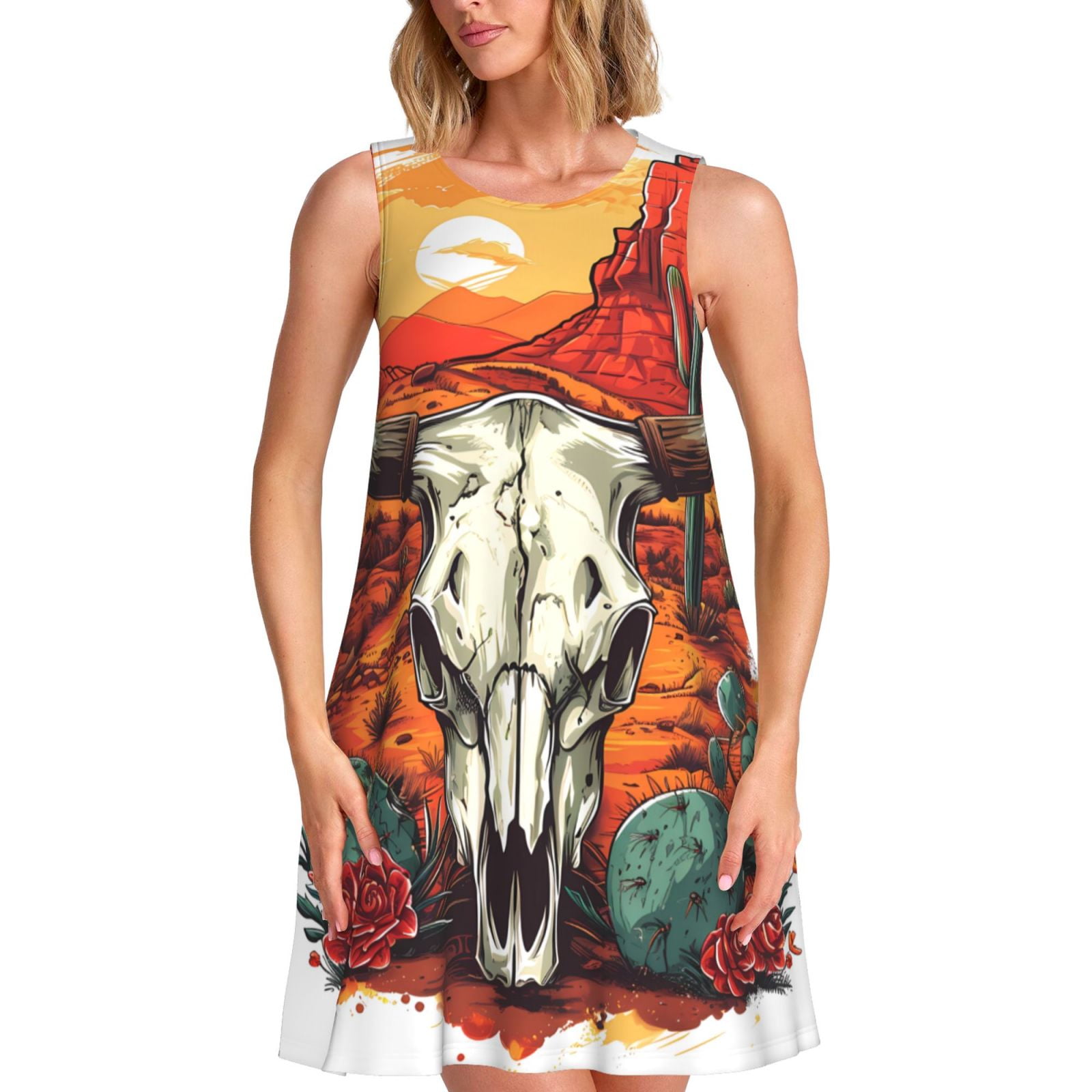 Fotbe Western Desert Cactus Ram Skull Pattern Women’s Summer Tank Midi ...