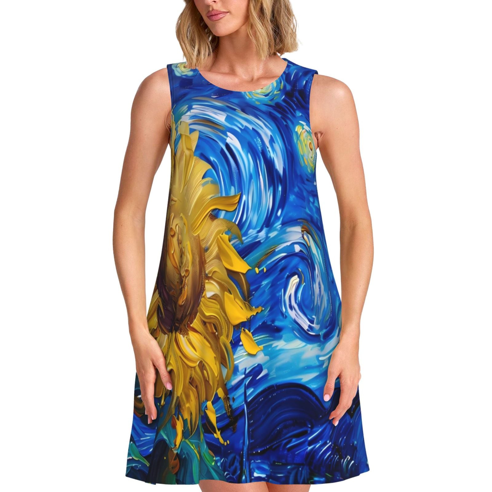 Fotbe Whimsical Sunflowers Night Sky Pattern Women’s Summer Tank Midi ...
