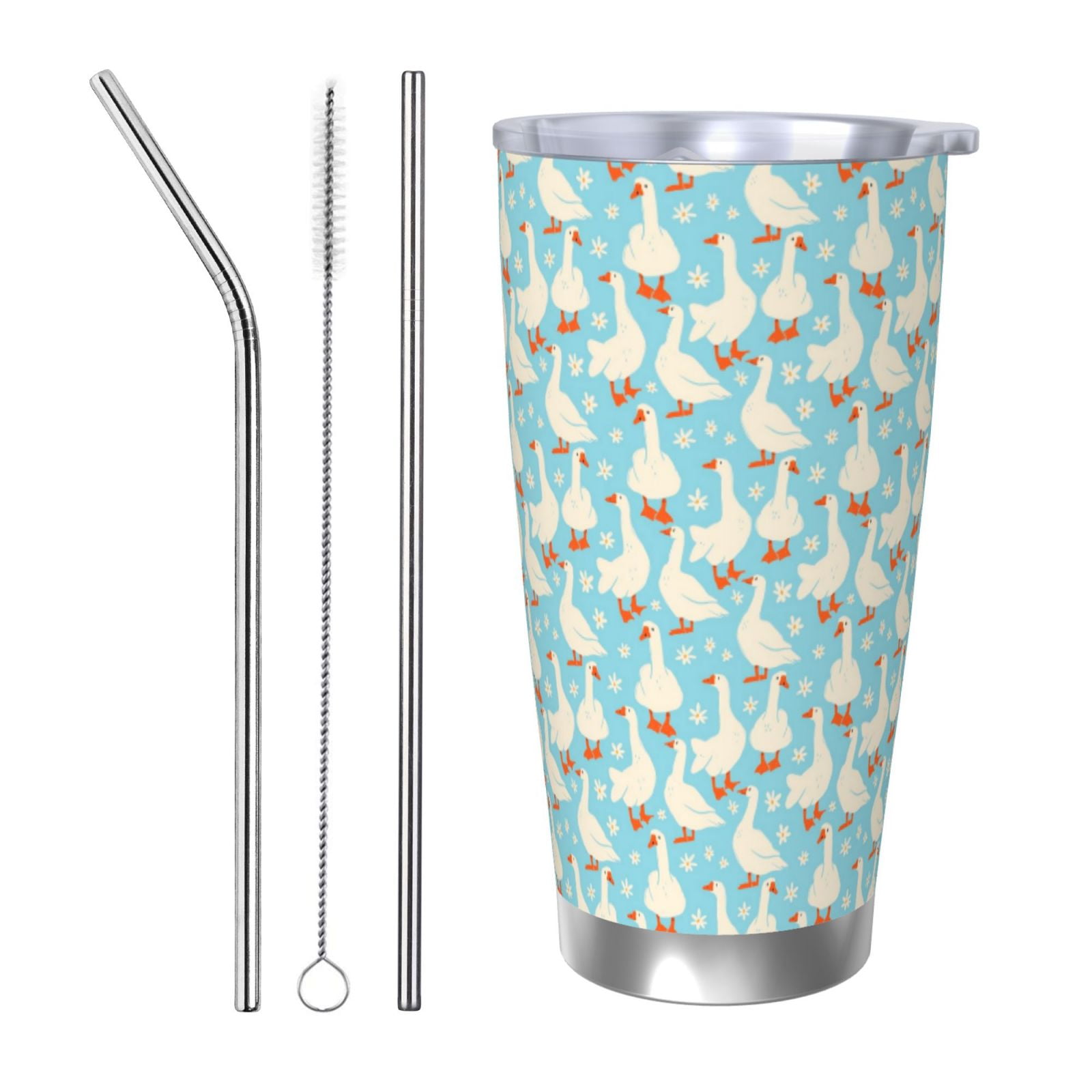 Fotbe White Geese and Flower Pattern 20 oz Tumbler Stainless Steel Vacuum Insulated Coffee Ice ...