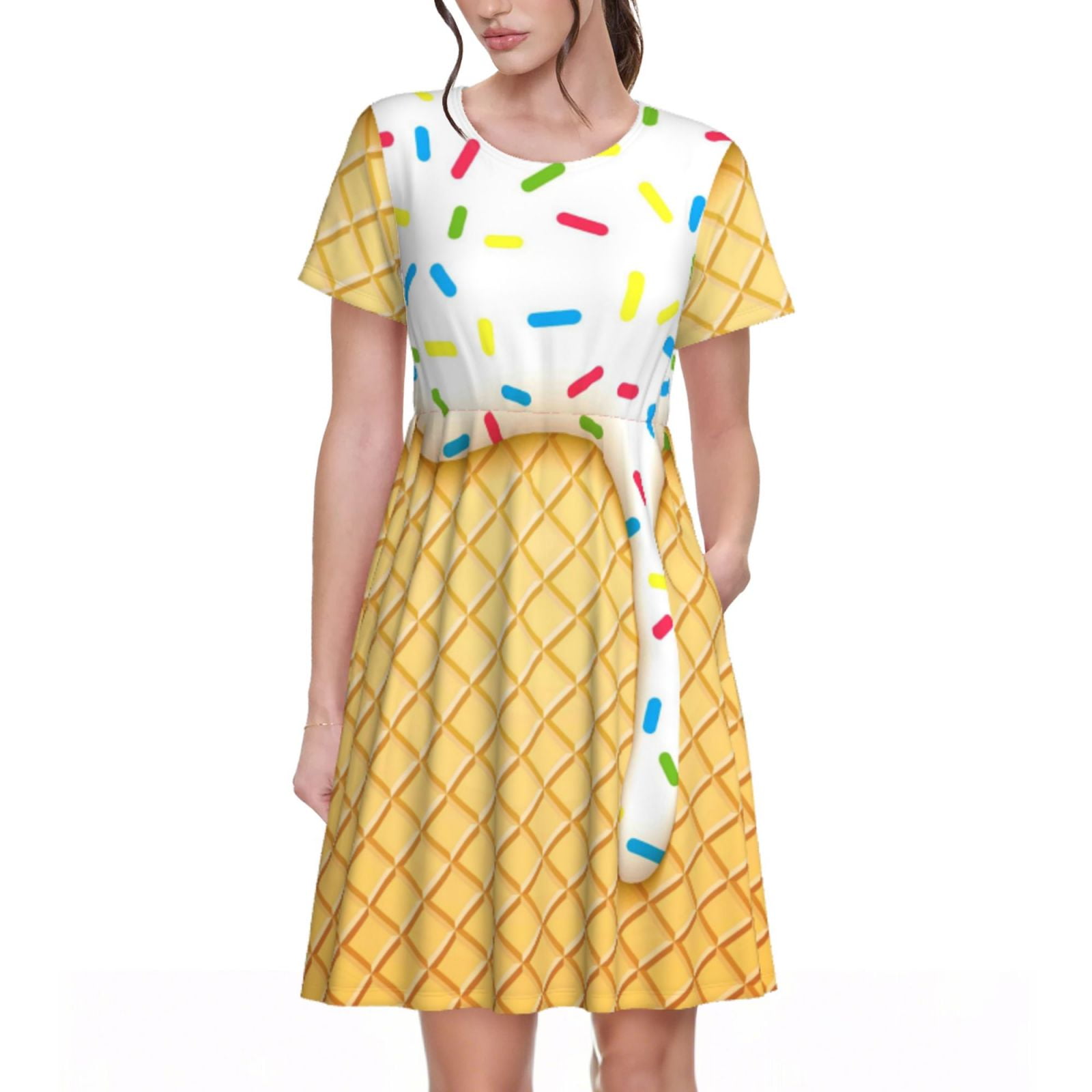 Fotbe White Ice Cream Pattern Dress Casual Womens Fashion Short Sleeve ...