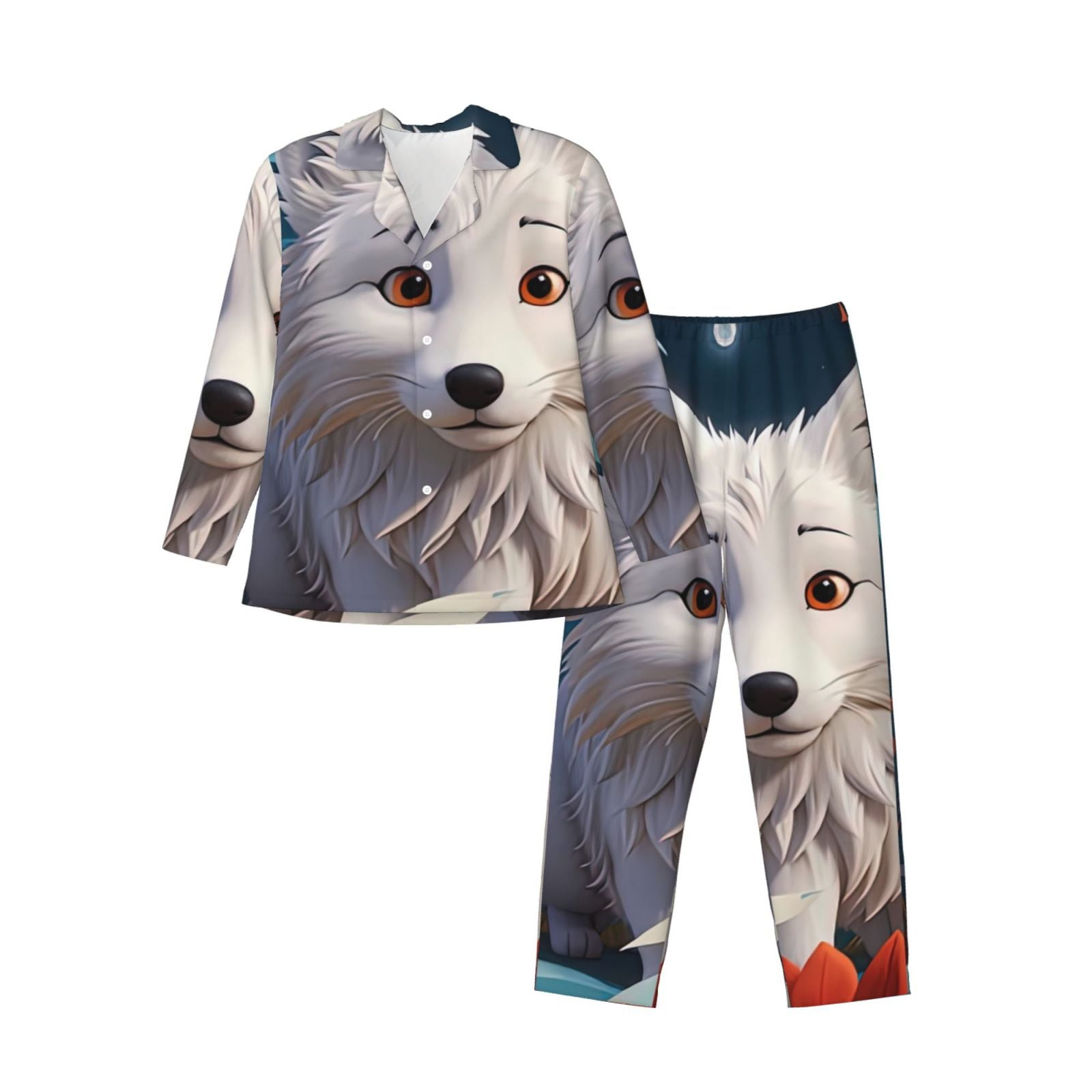 Fotbe White Wolf With Flowers Pattern Long Sleeve Pajama Set for Men ...