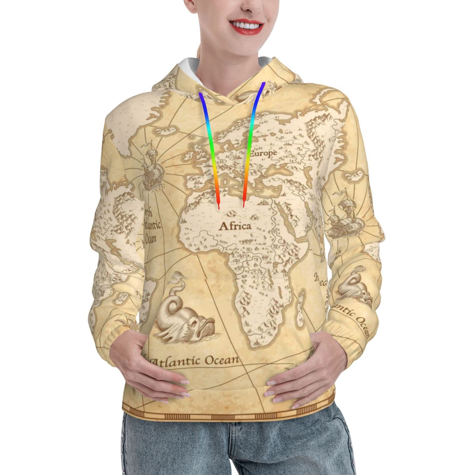 Fotbe World Map Pattern Womens Long Sleeve Hoodie, Pullover Hooded ...