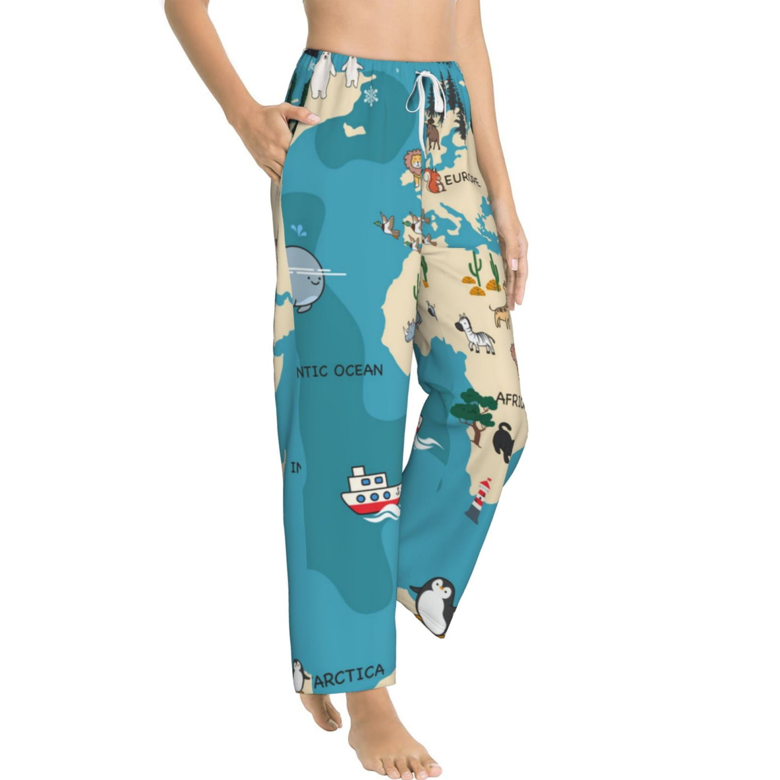 Fotbe World Map With Animal Women's Pajama Pants,Sleepwear Pants,Pj ...