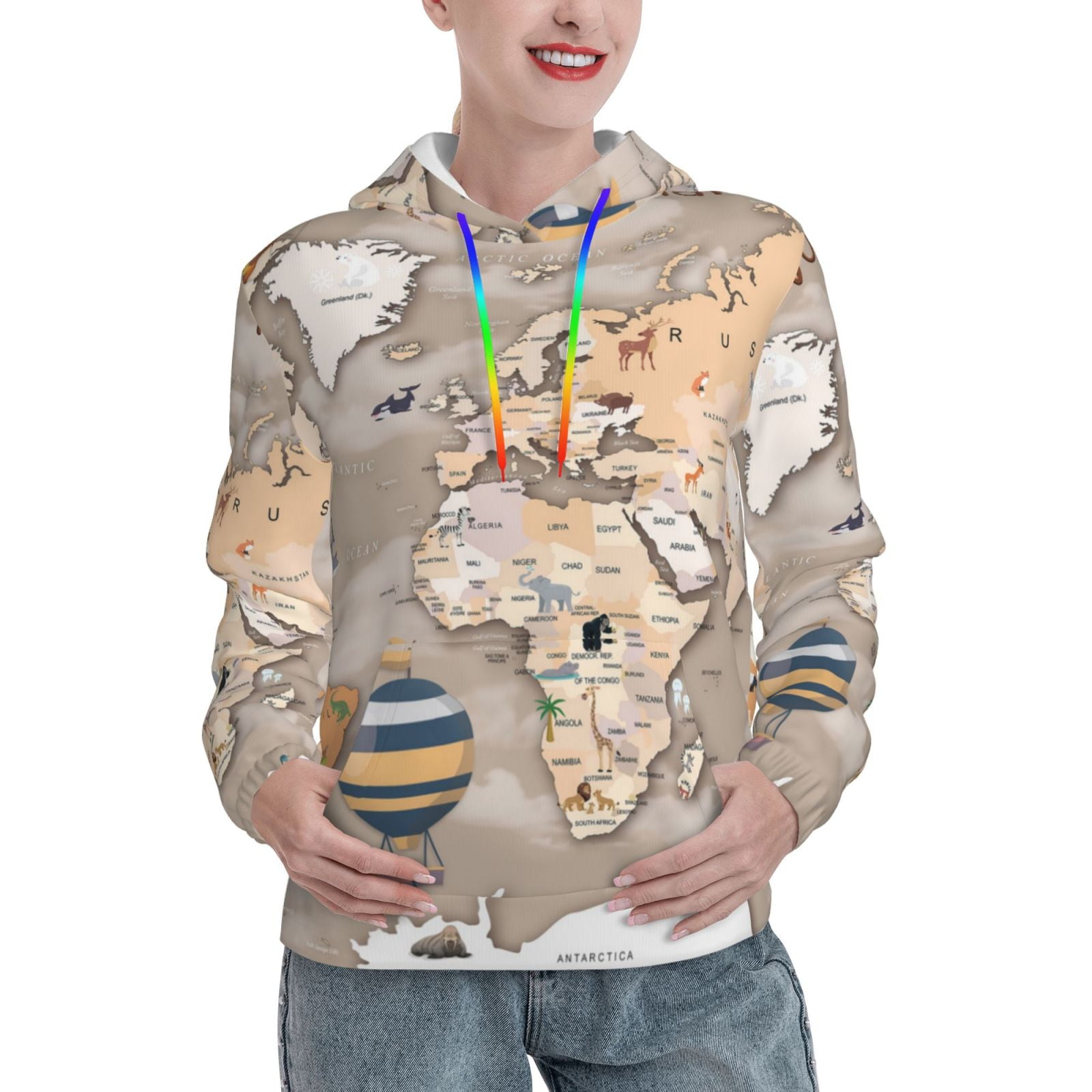 Fotbe World Map With Animals Pattern Womens Long Sleeve Hoodie ...