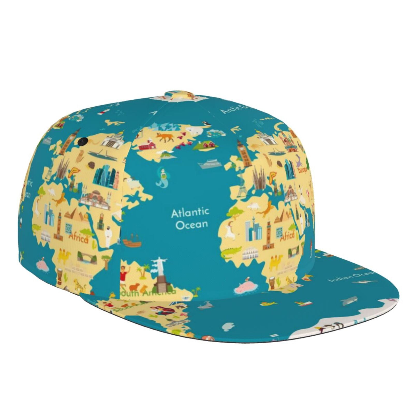 Fotbe World Map With Landmarks Flat Bill Visor Cap Classic Snapback Hat ...
