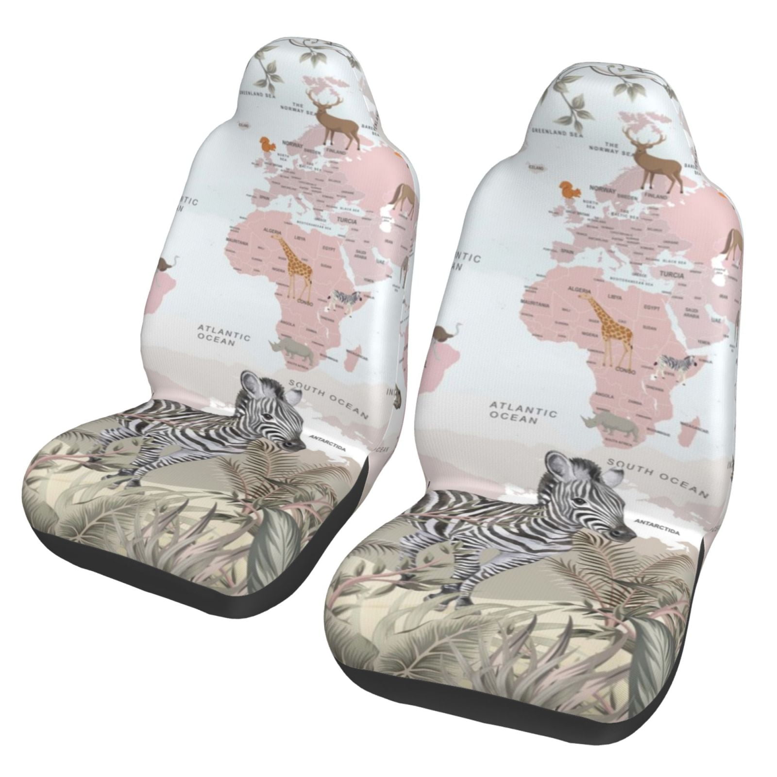 Fotbe World Map With Safari Animals Pattern Automotive Seat Covers for Cars Trucks and SUVs ...