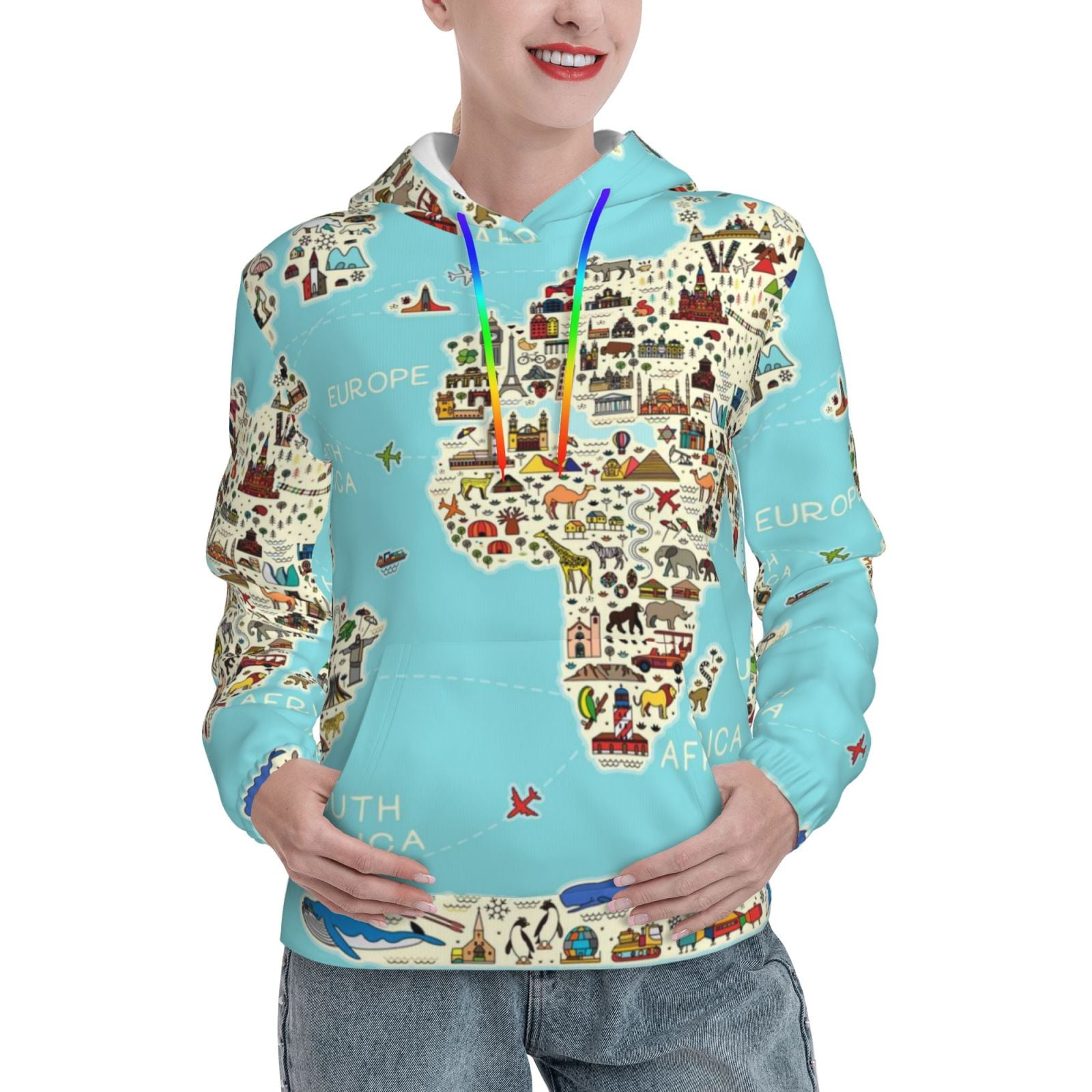 Fotbe World Travel Line Icons Map Pattern Womens Long Sleeve Hoodie ...