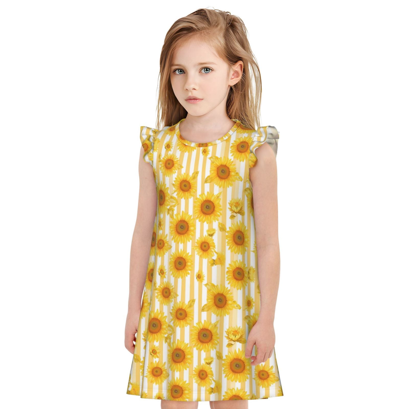 Fotbe Yellow White Striped Sunflower Pattern Girls Nightgowns 3-10 ...
