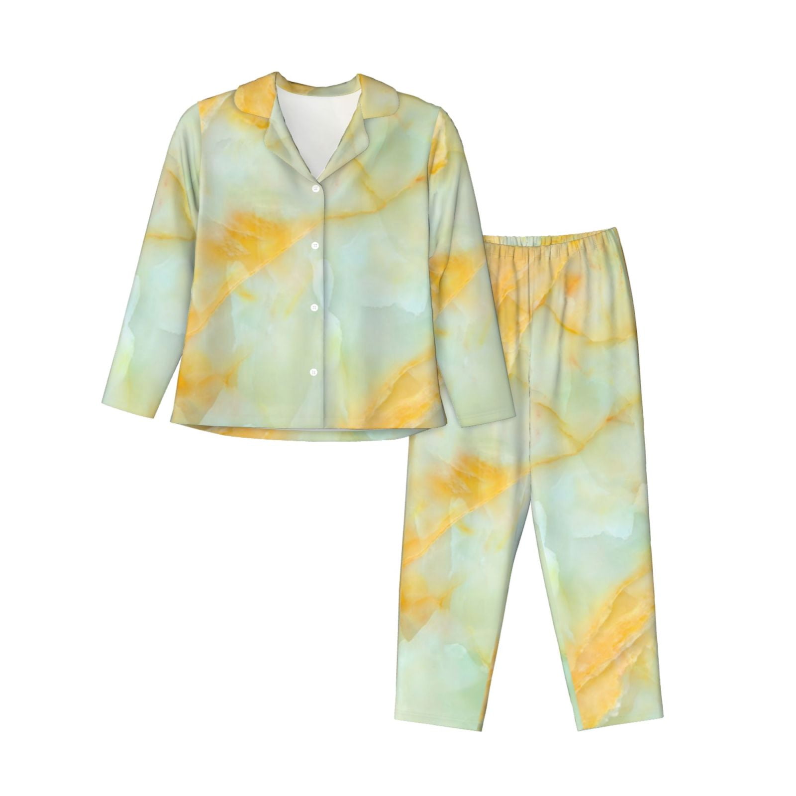 Fotbe Yellow With Teal Marble Pattern Long Sleeve Pajama Set for Women ...