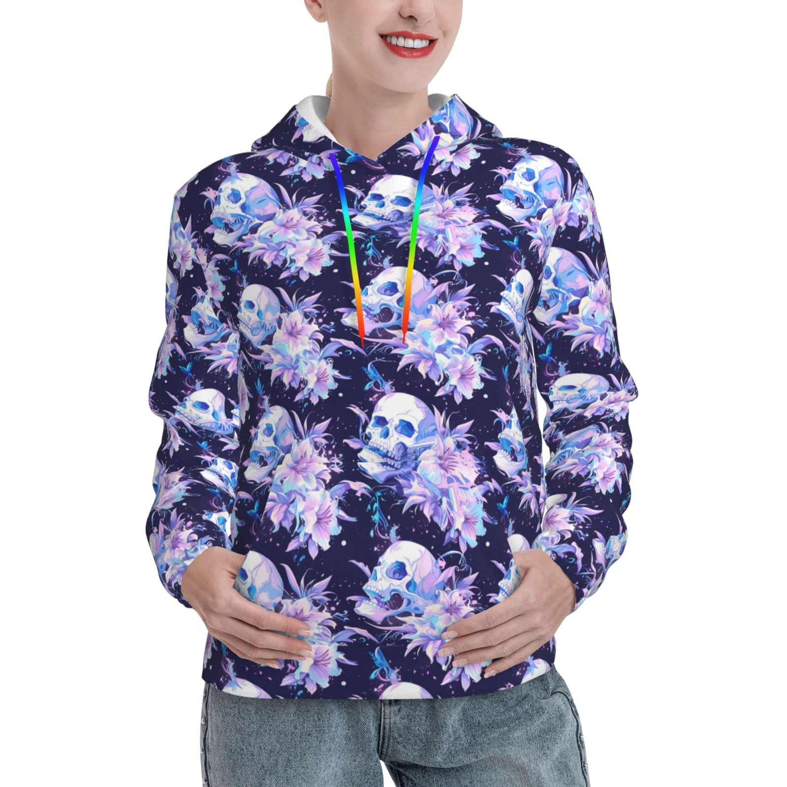 Fotbe blue starry sky Skull flower Pattern Womens Long Sleeve Hoodie ...