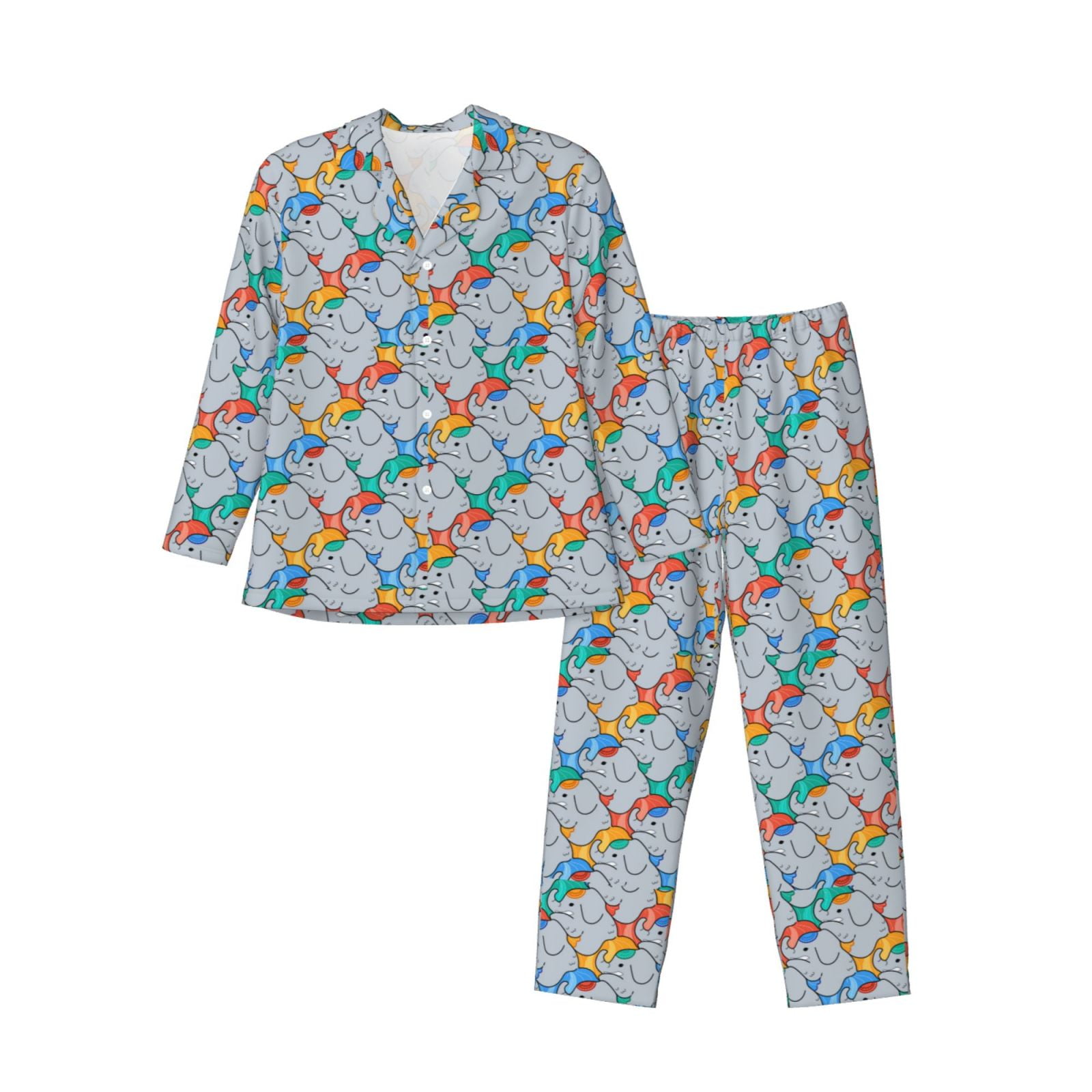 Fotbe cartoon Elephant Pattern Long Sleeve Pajama Set for Men,Sleepwear ...