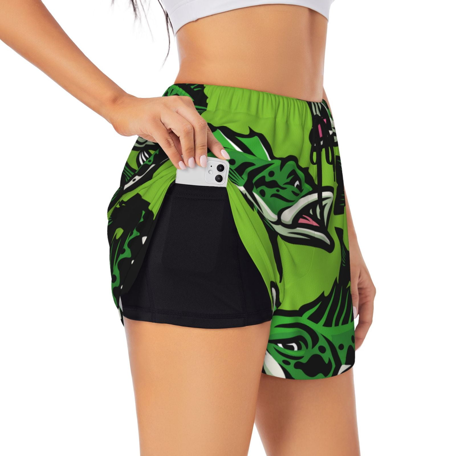 Fotbe cartoon largemouth bass fish Pattern Womens High Waist Running Shorts Athletic Workout ...