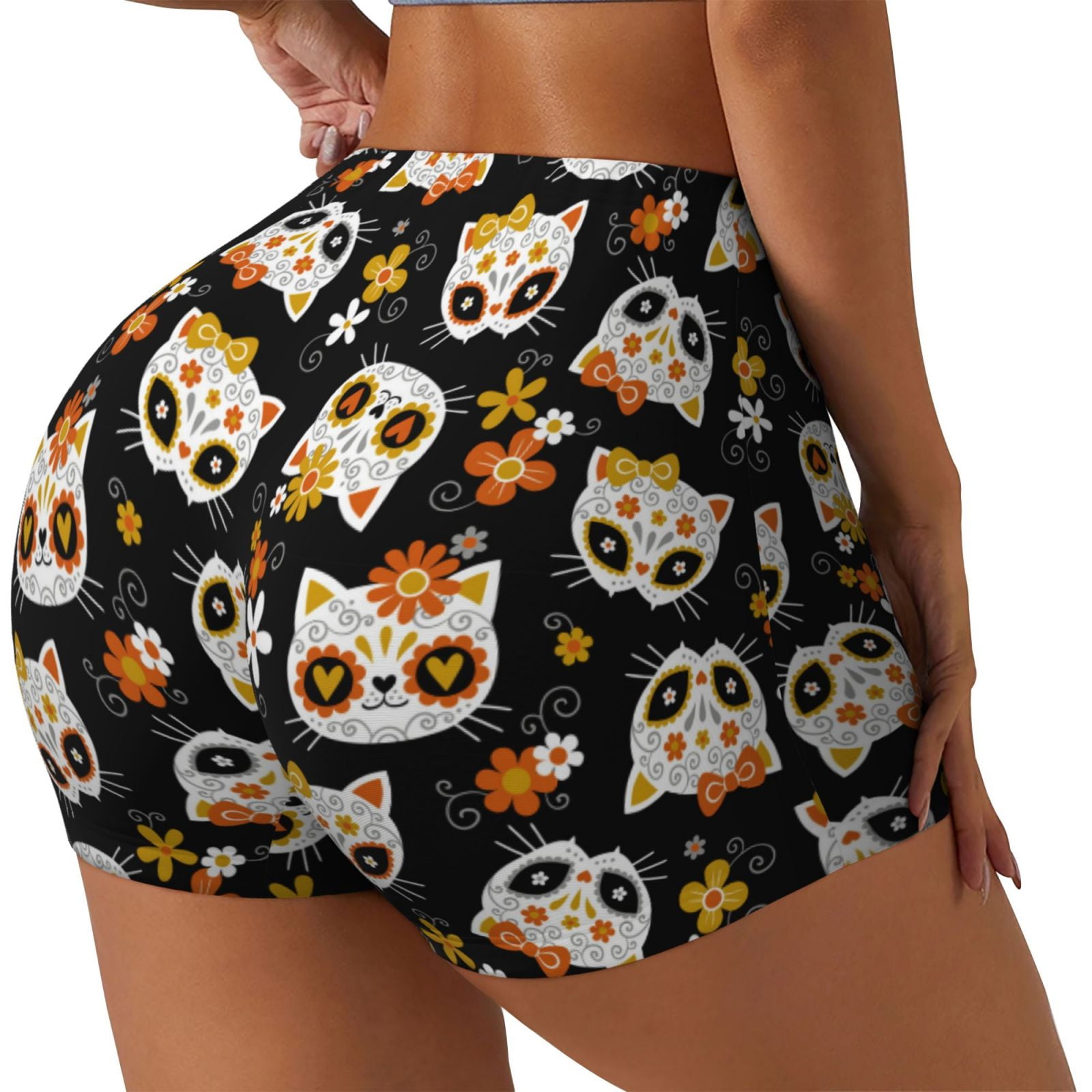 Fotbe cat sugar skulls Seamless Shorts, Womens Workout Shorts High Waist Stretch Booty Short for ...