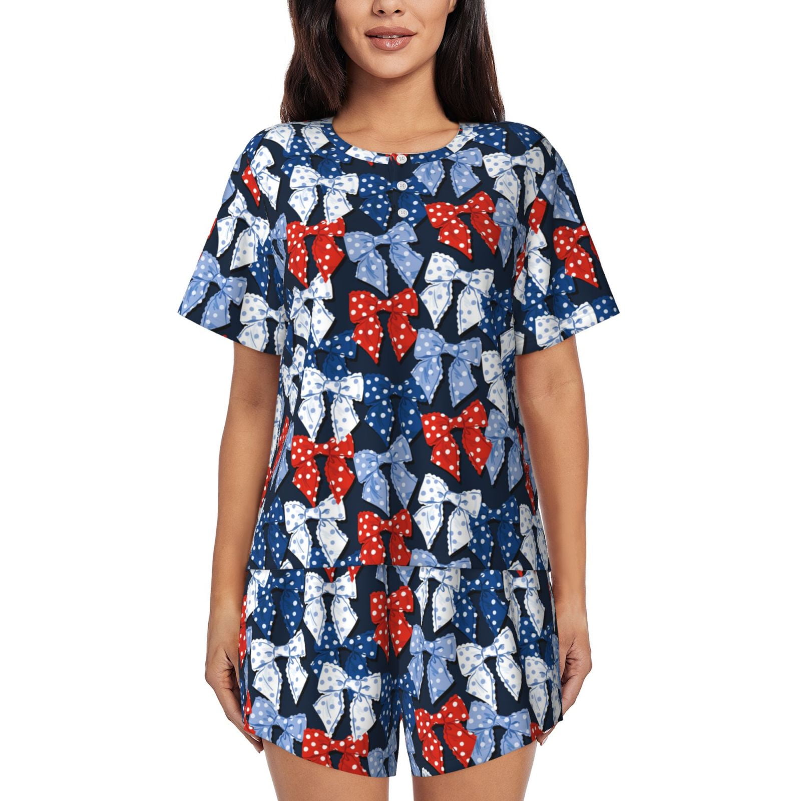 Fotbe colorful Polka dot bow Print Pajama Set for Women 2 Piece Loungewear Short Sleeve Tops and ...