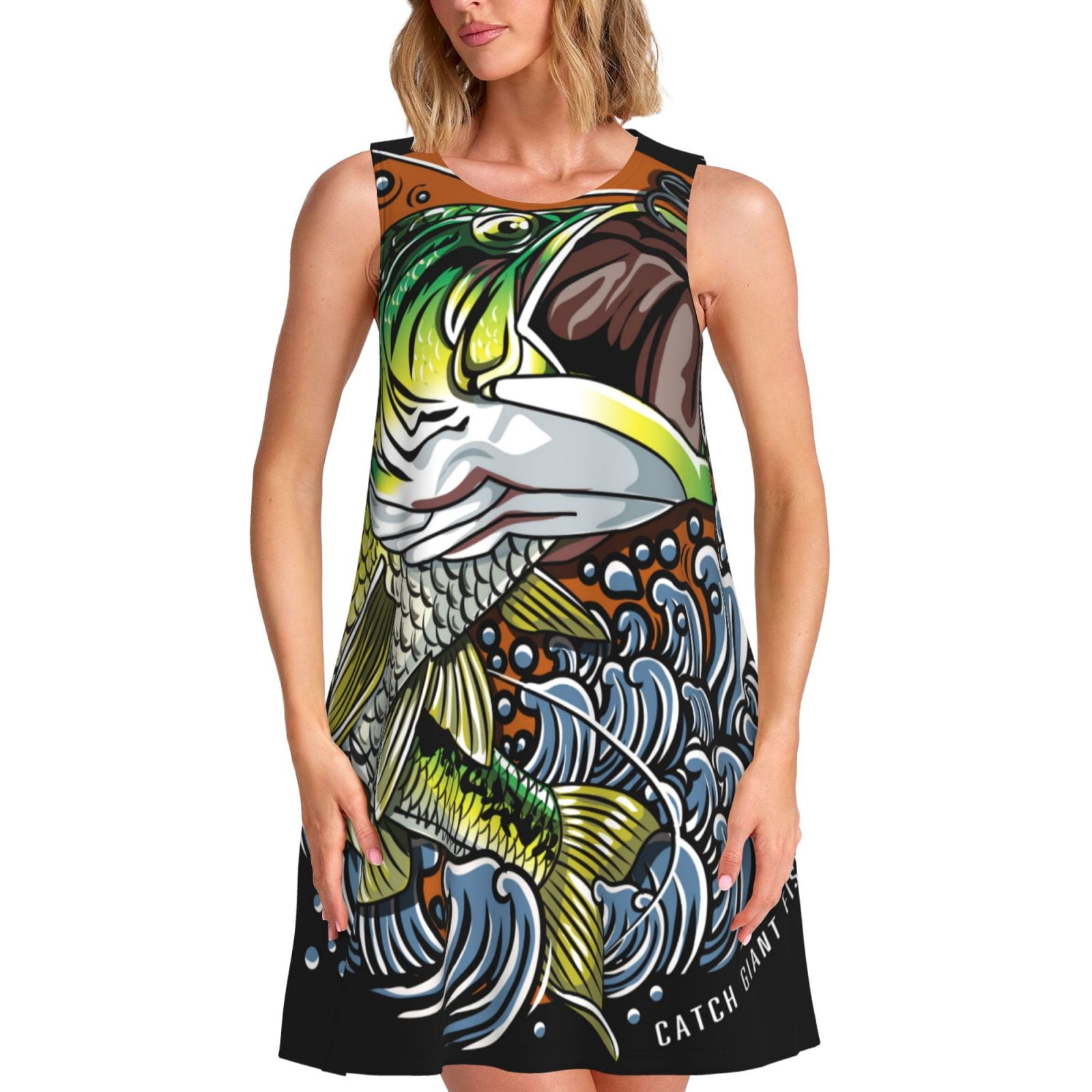 Fotbe fishing bass Pattern Women’s Summer Tank Midi Dress – Sleeveless ...