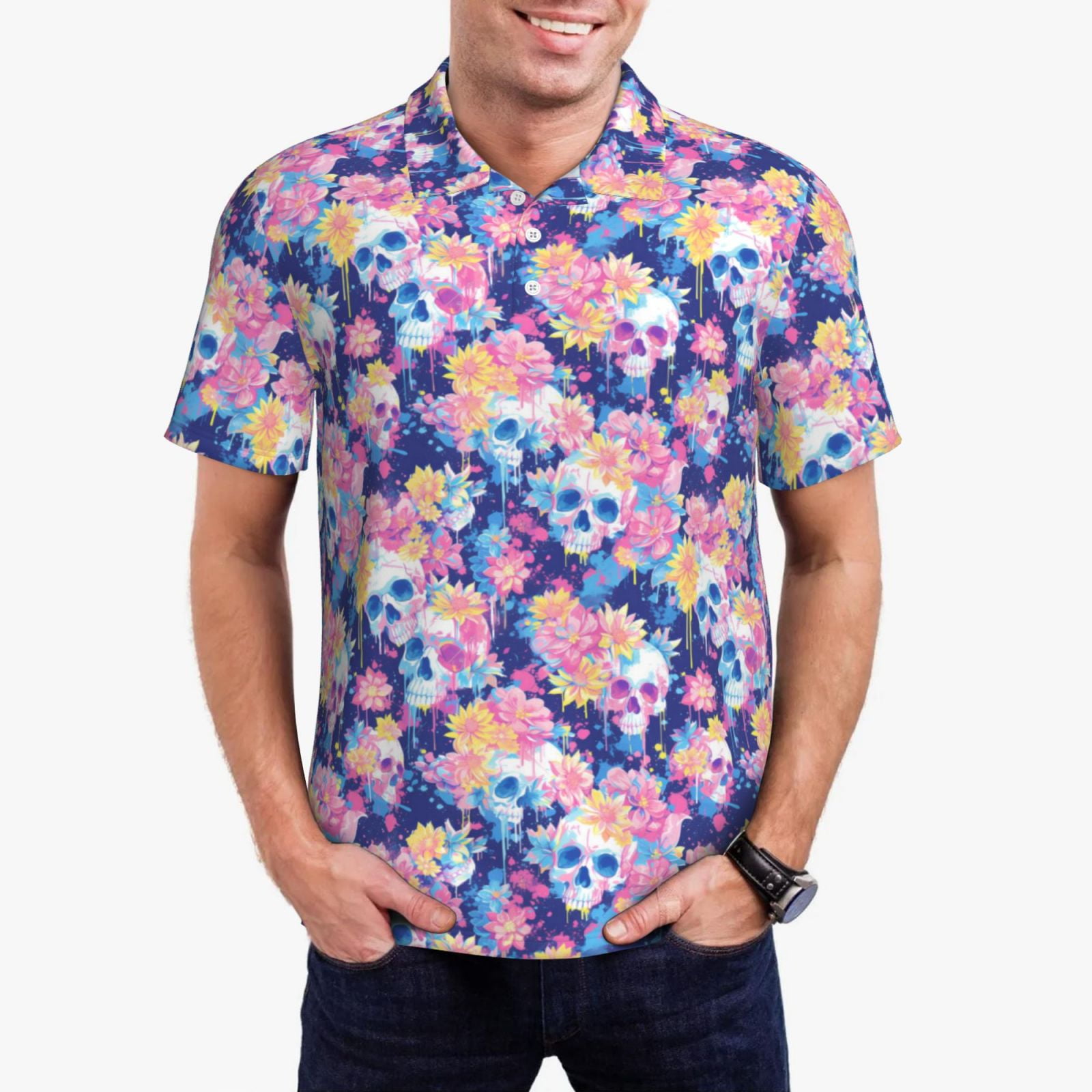 Fotbe graffiti style Skull flower Pattern Men’s Golf Polo Shirt ...