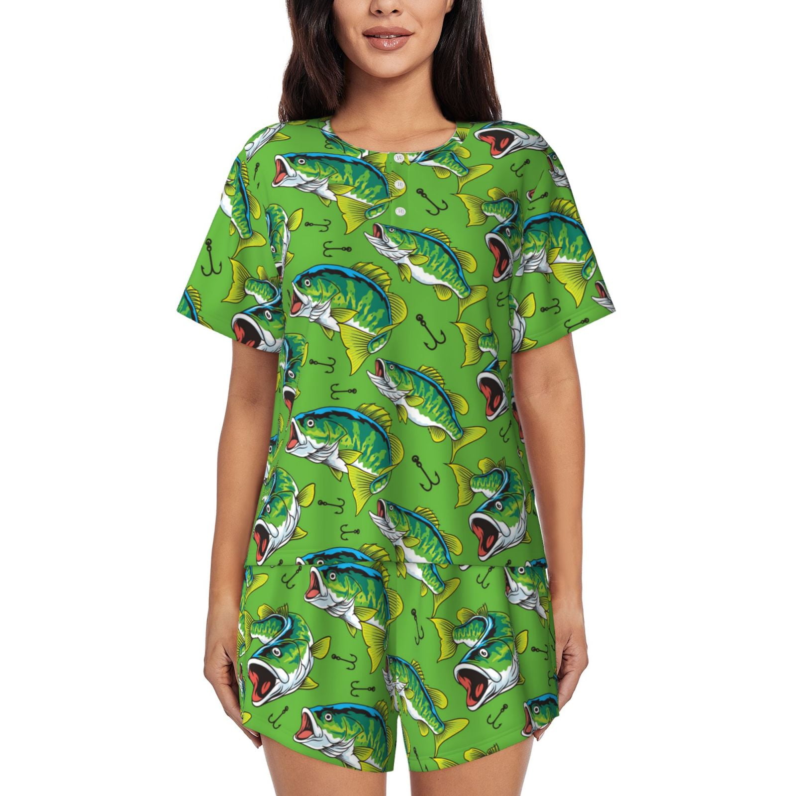 Fotbe large mouth green color bass fish Print Pajama Set for Women 2 ...