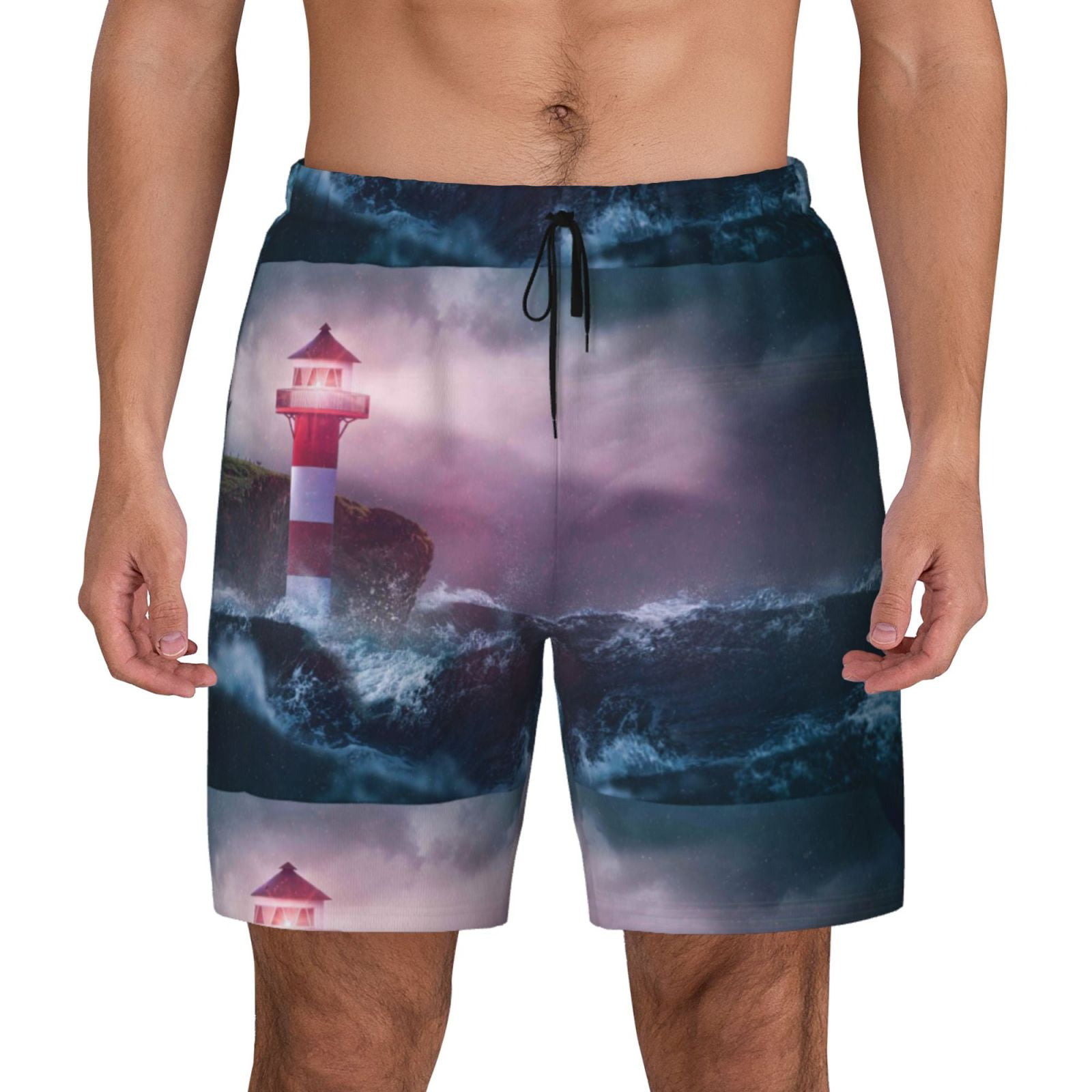 Fotbe lighthouse Waves Torrential Rain Men’s Swim Trunks Quick Dry Swim ...