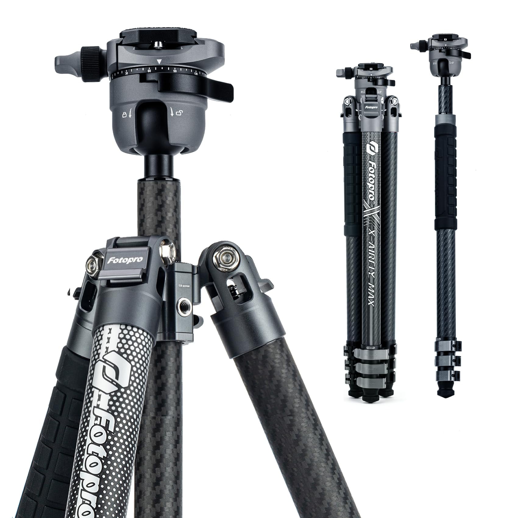 Fotopro 65" Carbon Fiber Travel Tripod Professional Heavy Duty Tripod Monopod with Super Large ...
