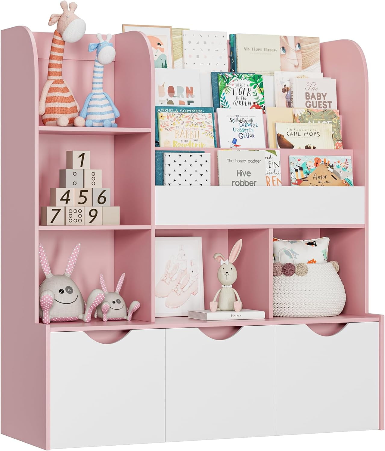 Fotosok 47'' Multifunctional Kids Bookcase with 5 Cubbies and 3 Movable ...
