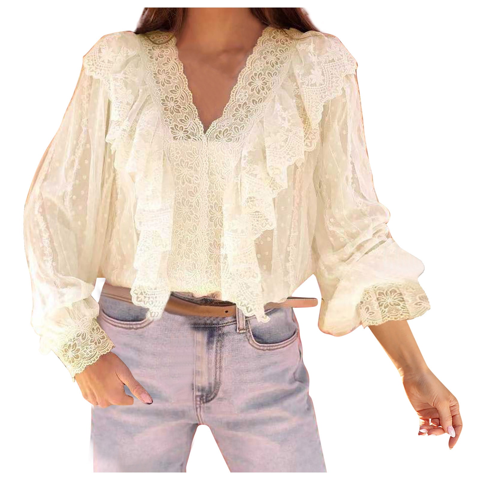 Fouhkni Fall Lace Tops for Women Puff Long Sleeve Lace Ruffle V Neck ...
