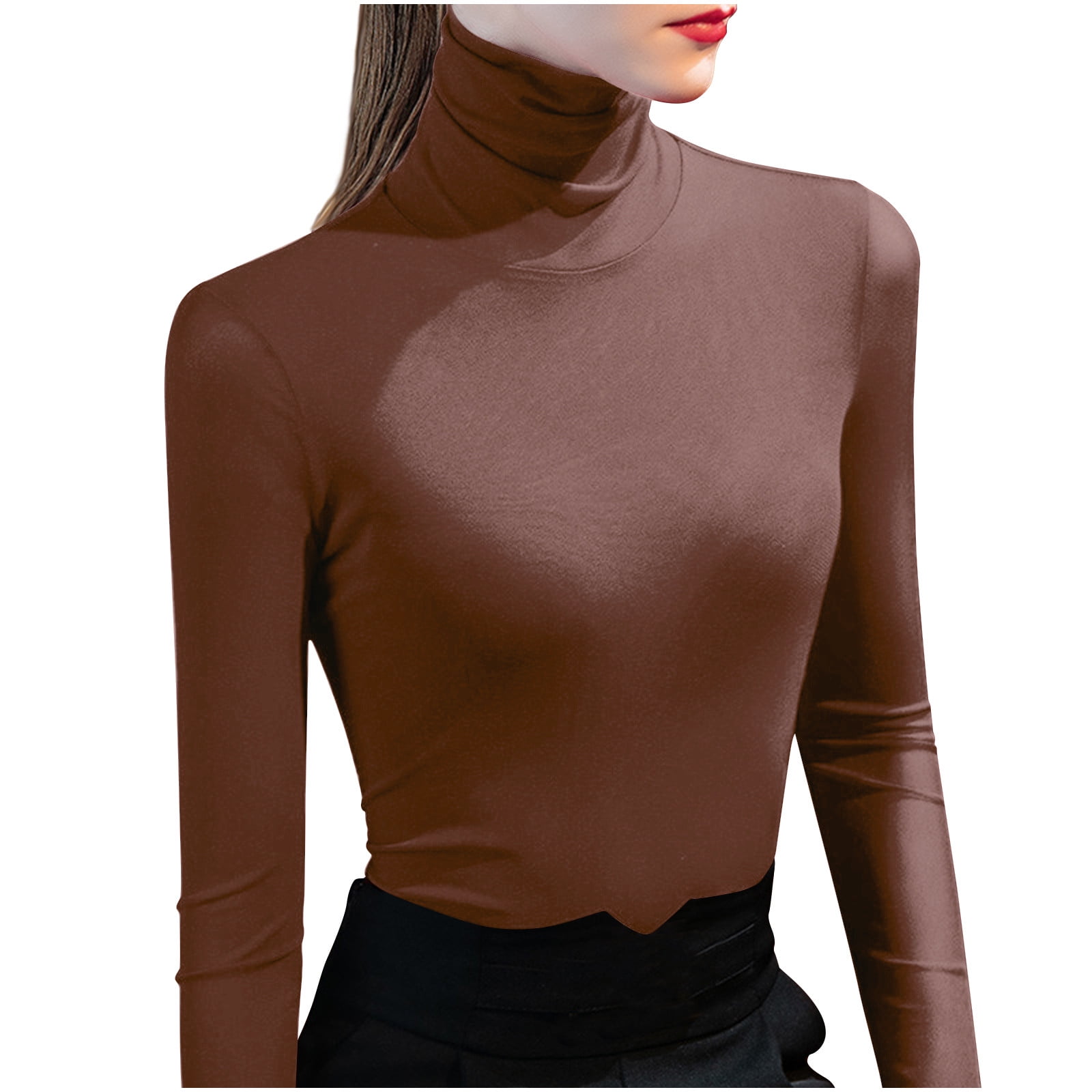 Fouhkni Plus Size Tops for Women Long Sleeve High Neck Slim Fitted Basic Solid Color Undershirts ...
