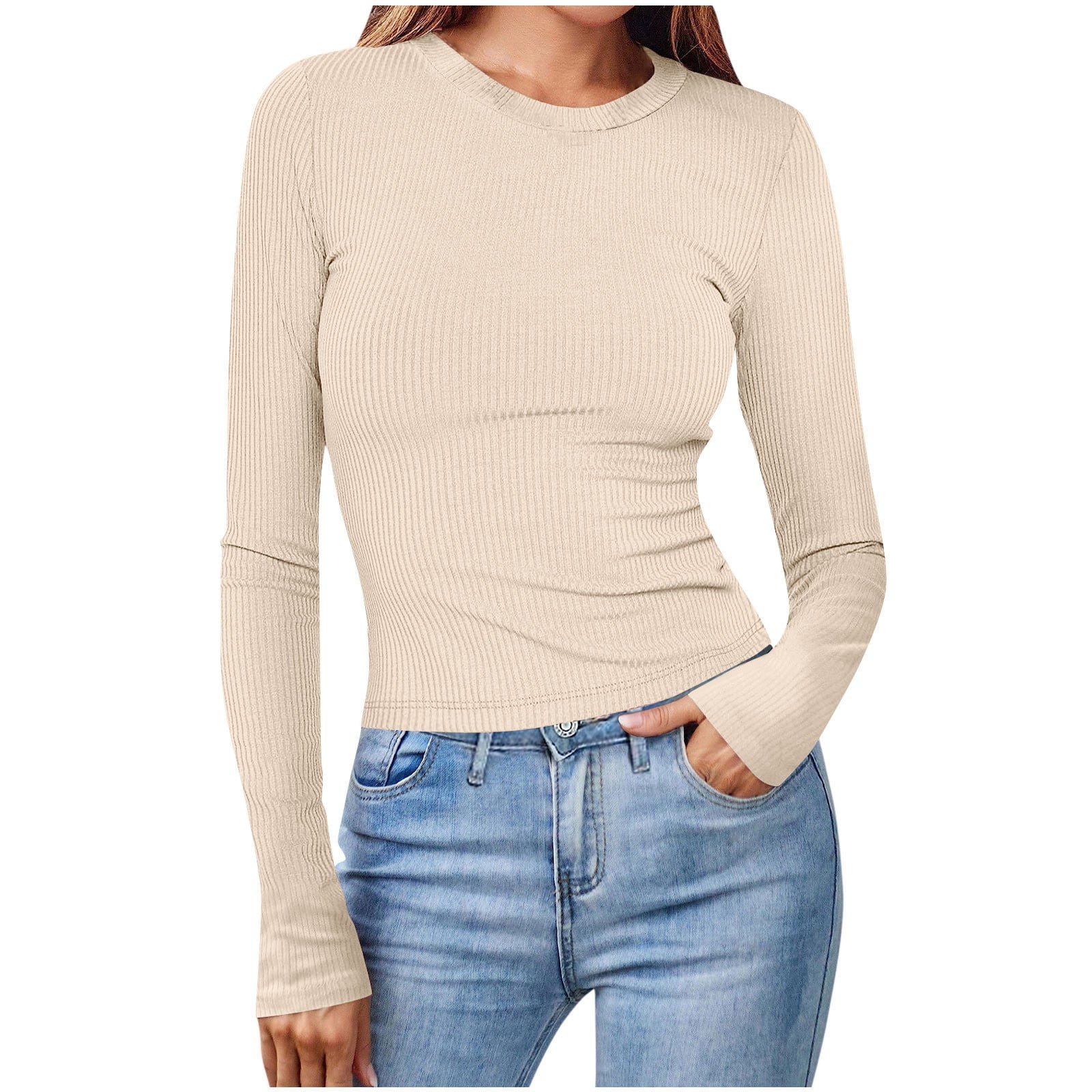 Fouhkni Ribbed Knit Tops for Women Long Sleeve Crewneck Slim Fitted Solid Color Basic Tee ...