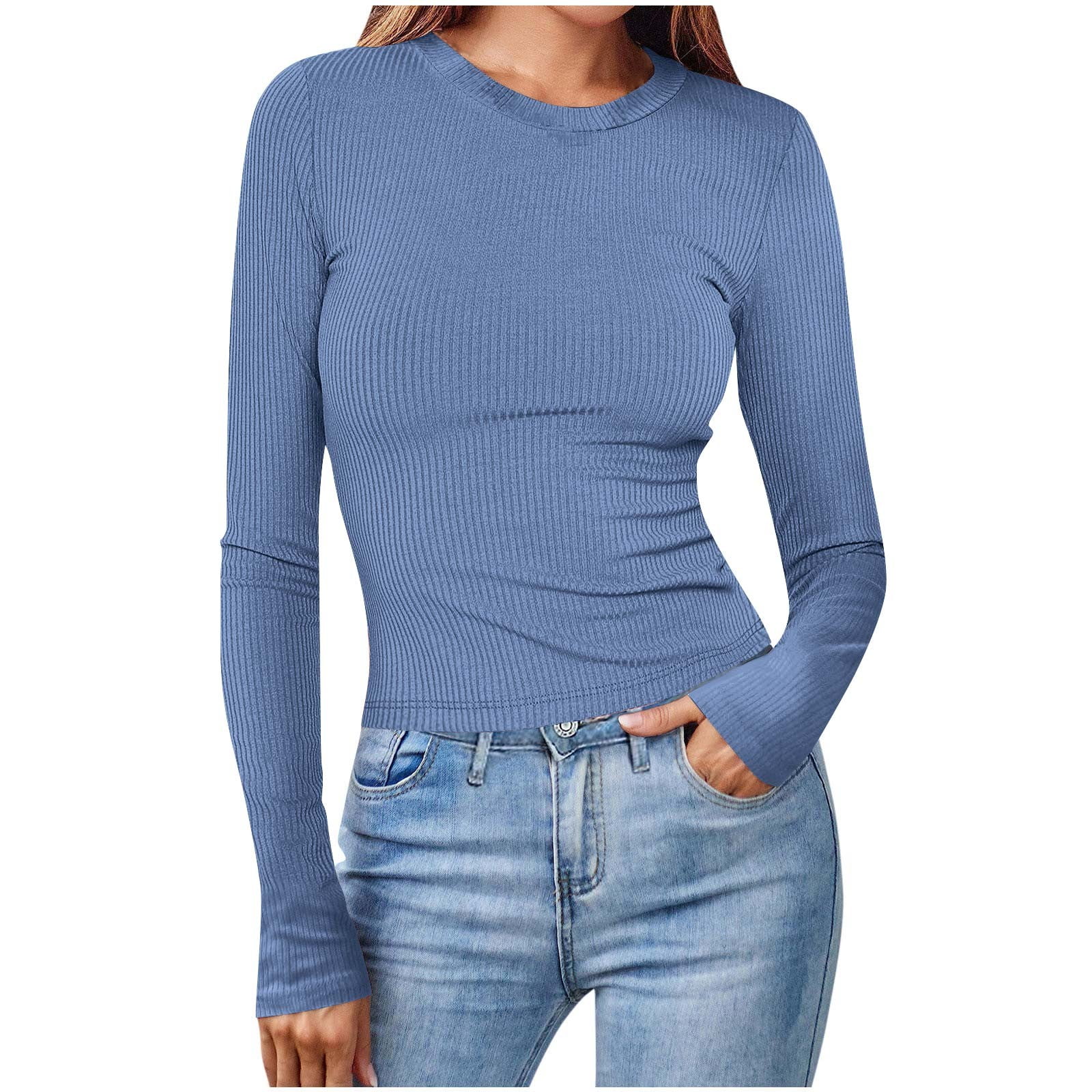 Fouhkni Ribbed Knit Tops for Women Long Sleeve Crewneck Slim Fitted ...