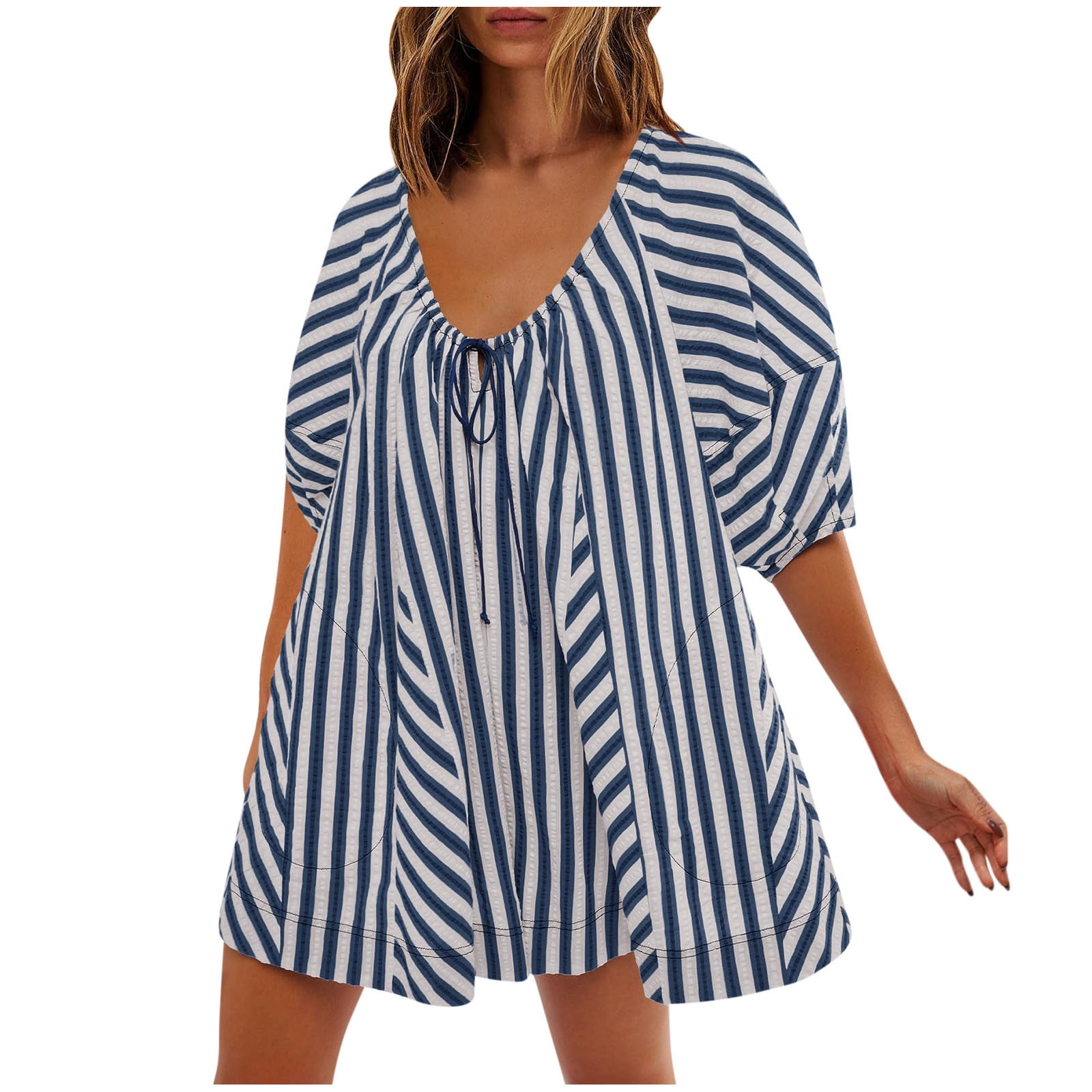 Fouhkni Summer Rompers for Women Casual Striped Puff Short Sleeve ...