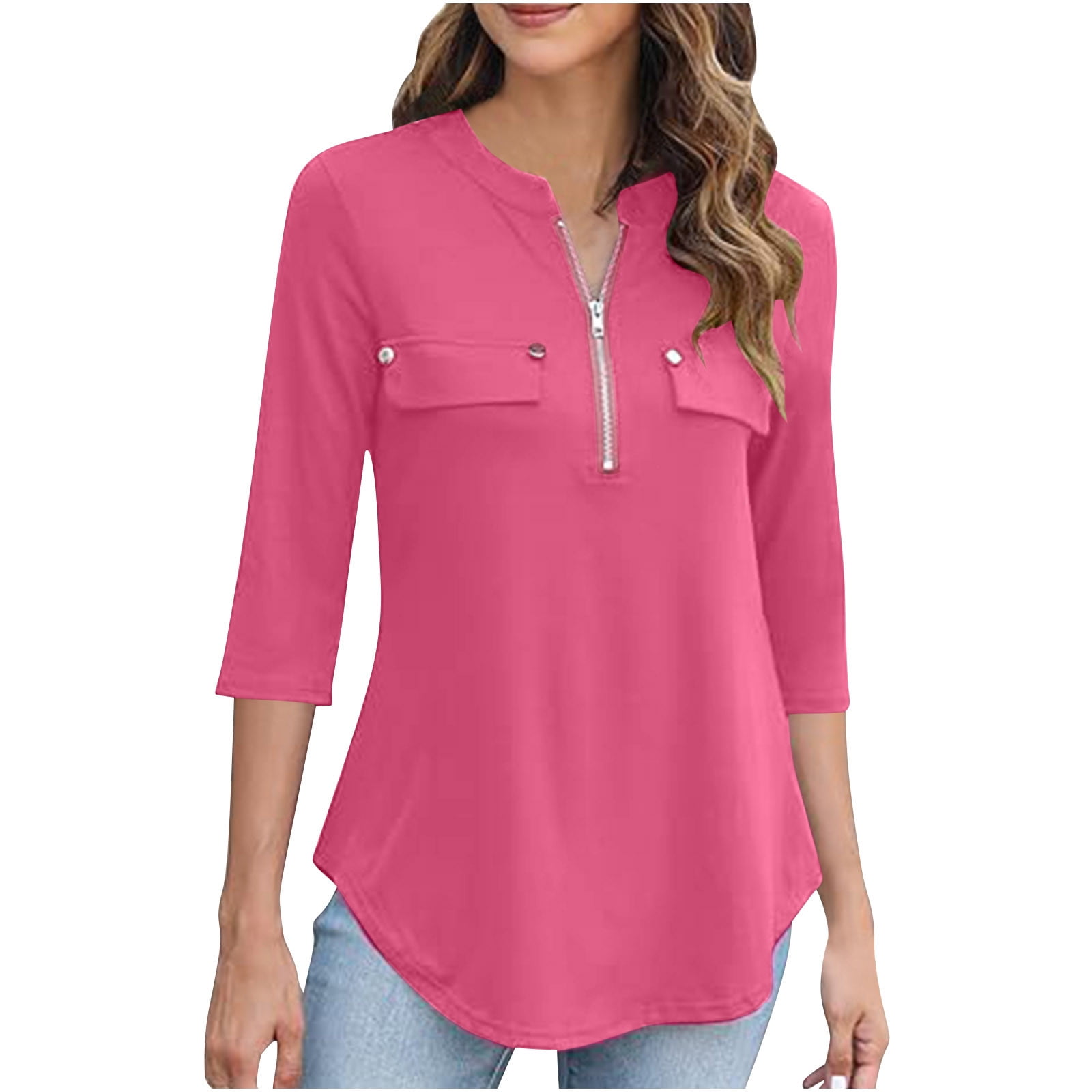 Fouhkni Women's 3/4 Sleeve Shirts Zip Front V Neck Business Casual ...