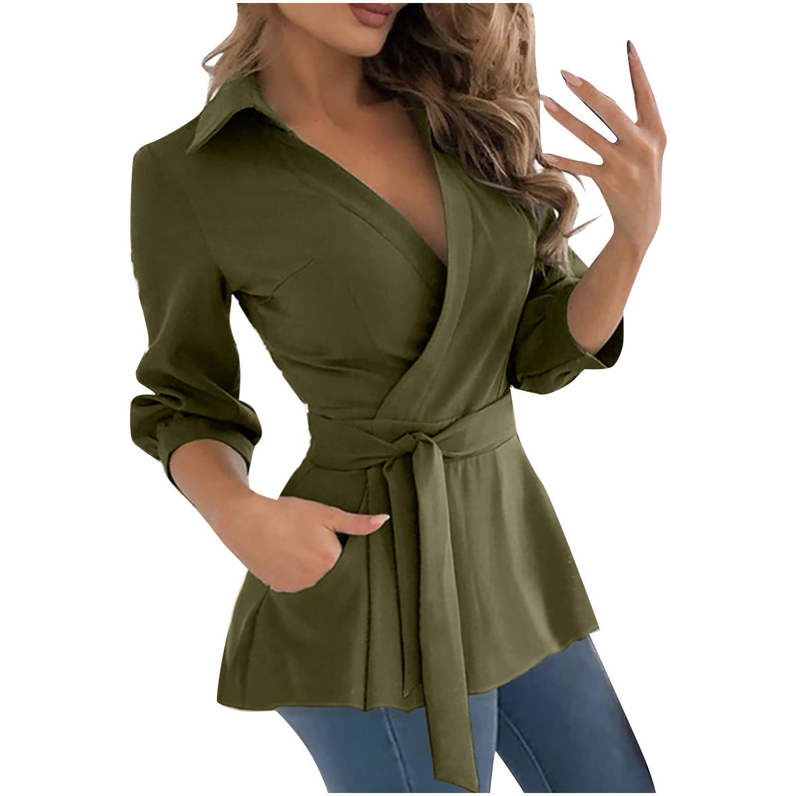 Fouhkni Womens Long Sleeve Tops V Neck Belted Blouses Dressy Casual Elegant Wrap Shirts with ...
