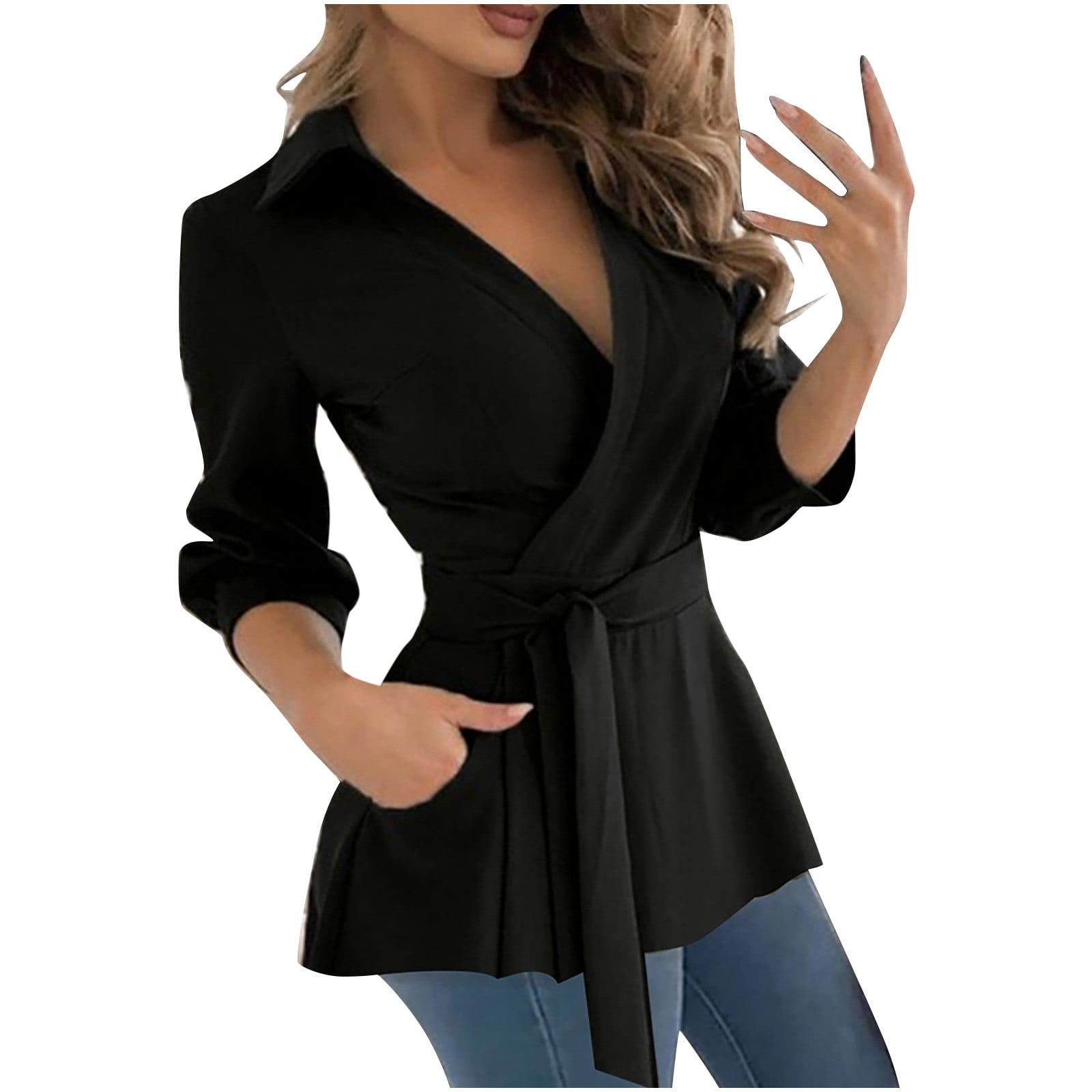Fouhkni Womens Long Sleeve Tops V Neck Belted Blouses Dressy Casual ...