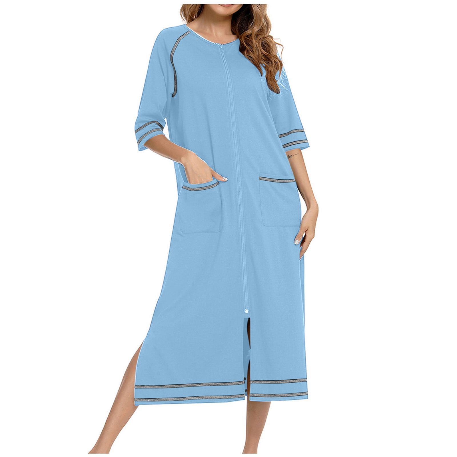 Fouhkni Womens Robes 3/4 Sleeve Full Zipper Housecoat Loose Casual ...