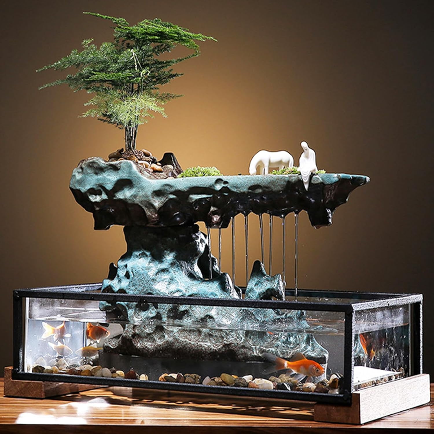 Fountain Waterfall Tabletop with Automatic Pump & Fish Tank Ceramic ...