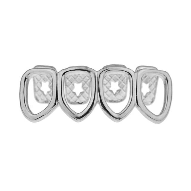 Four 4 Open Face Tooth Grillz Silver Tone Lower Row Bottom Teeth Hollow ...