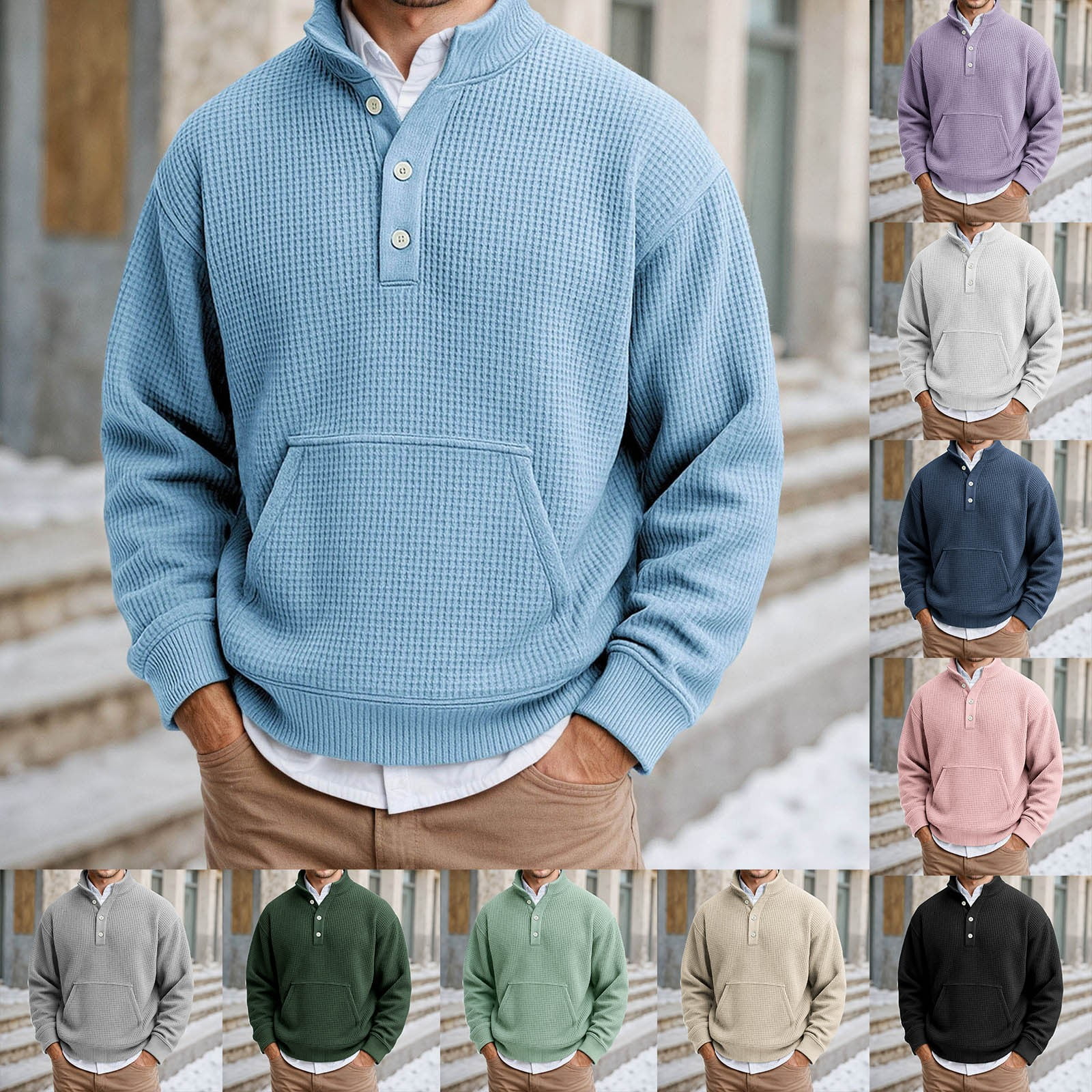 Four Button Front Sweatshirt Men High Neck Digital Print Solid Color ...