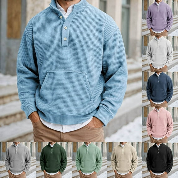 Four Button Front Sweatshirt Men High Neck Digital Print Solid Color ...