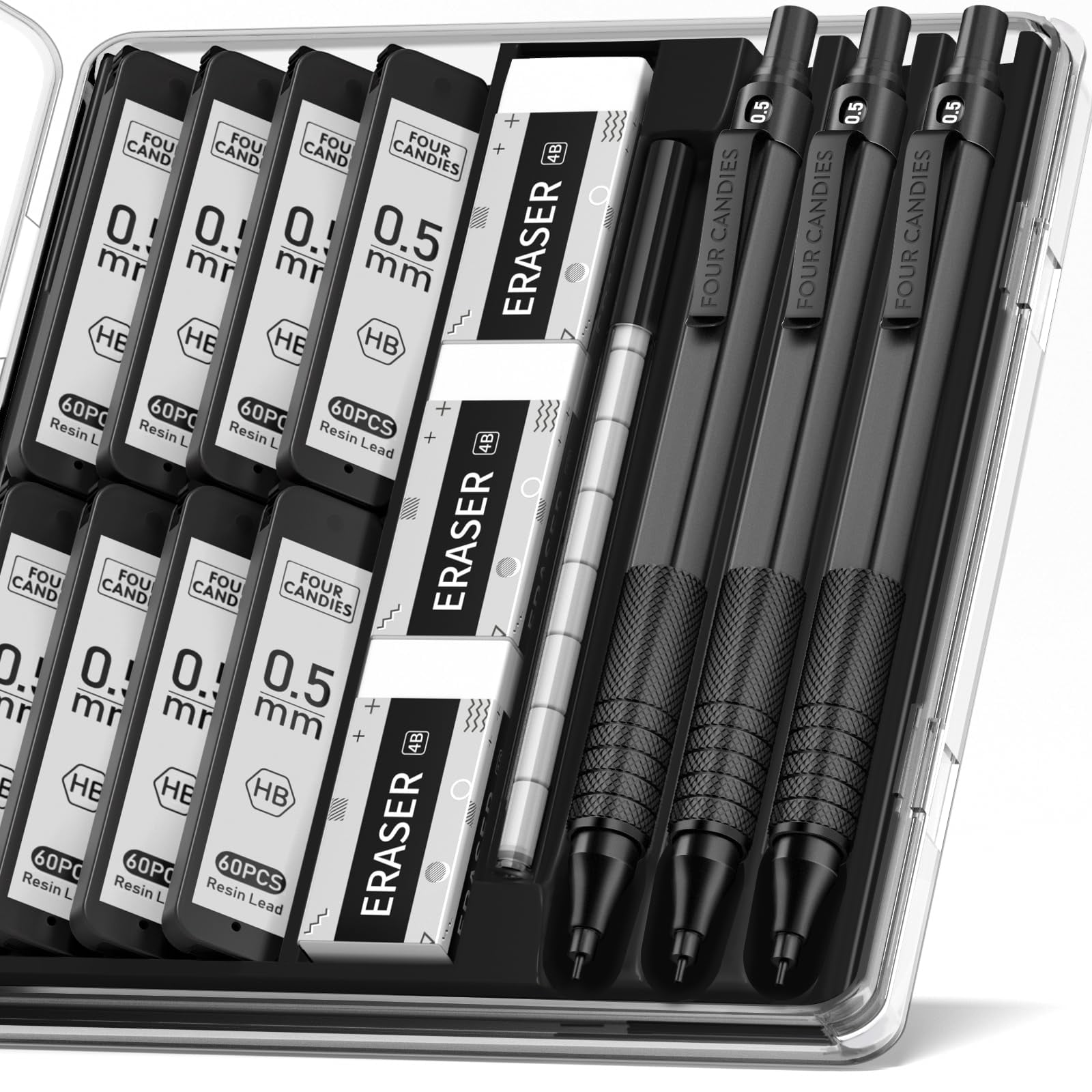 Four Candies Metal Mechanical Pencil Set with Case 0.5mm HB Lead Refill ...