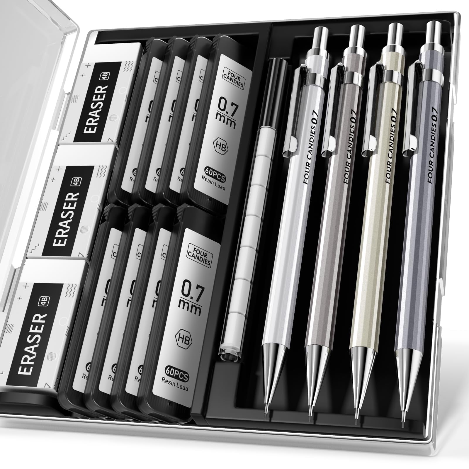 Four Candies 0.7mm Mechanical Pencil Set with Case - 4PCS Metal ...
