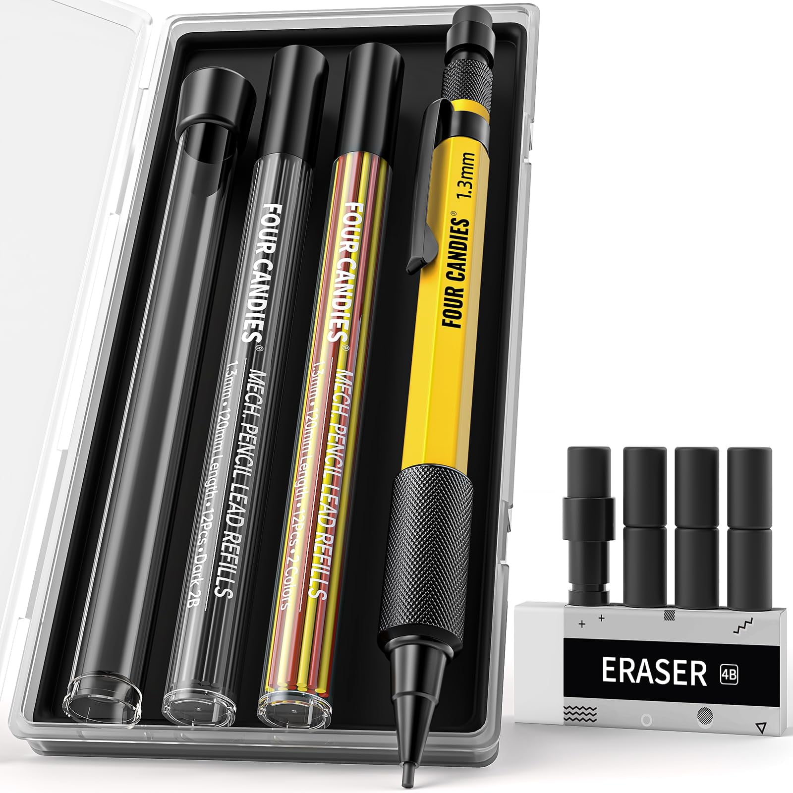 Four Candies 1.3mm Mechanical Pencil Set with 24 Lead Refills, Metal ...
