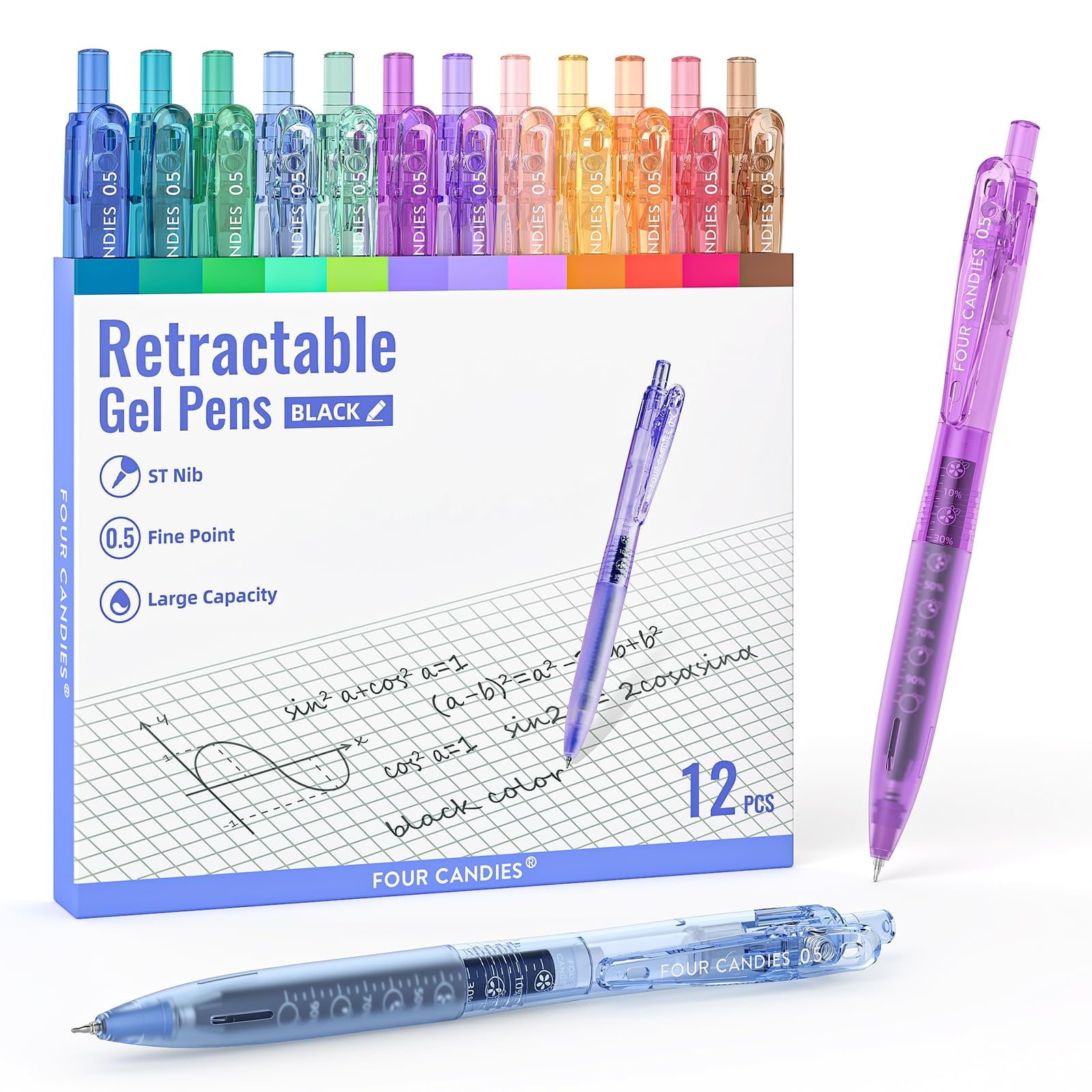Four Candies 12Pack 0.5mm Black Ink Quick Dry Retractable Gel Pen Set ...