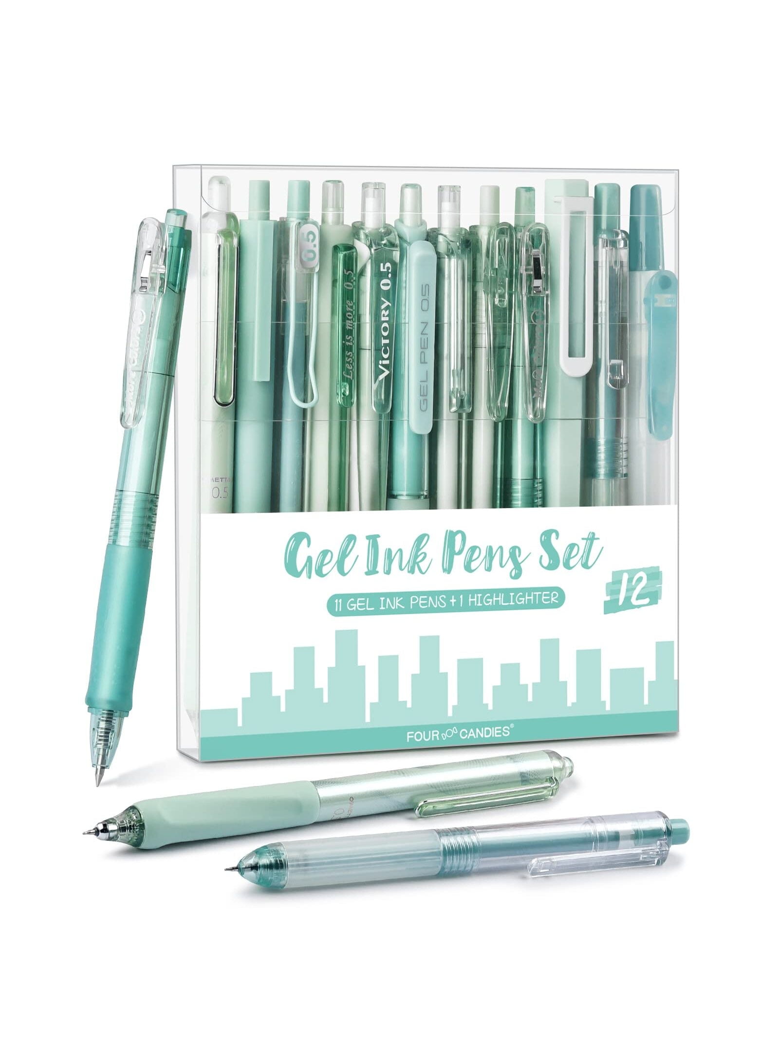 Four Candies Pastel Gel Ink Pen Set with 11 Black Fine Point Pens and 1 ...