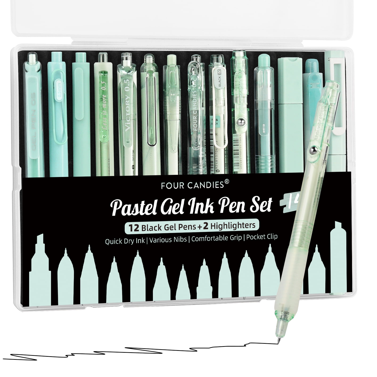 Four Candies Gel Pen with 2 Pieces Highlighter, Fine,0.5 mm, Black Ink ...