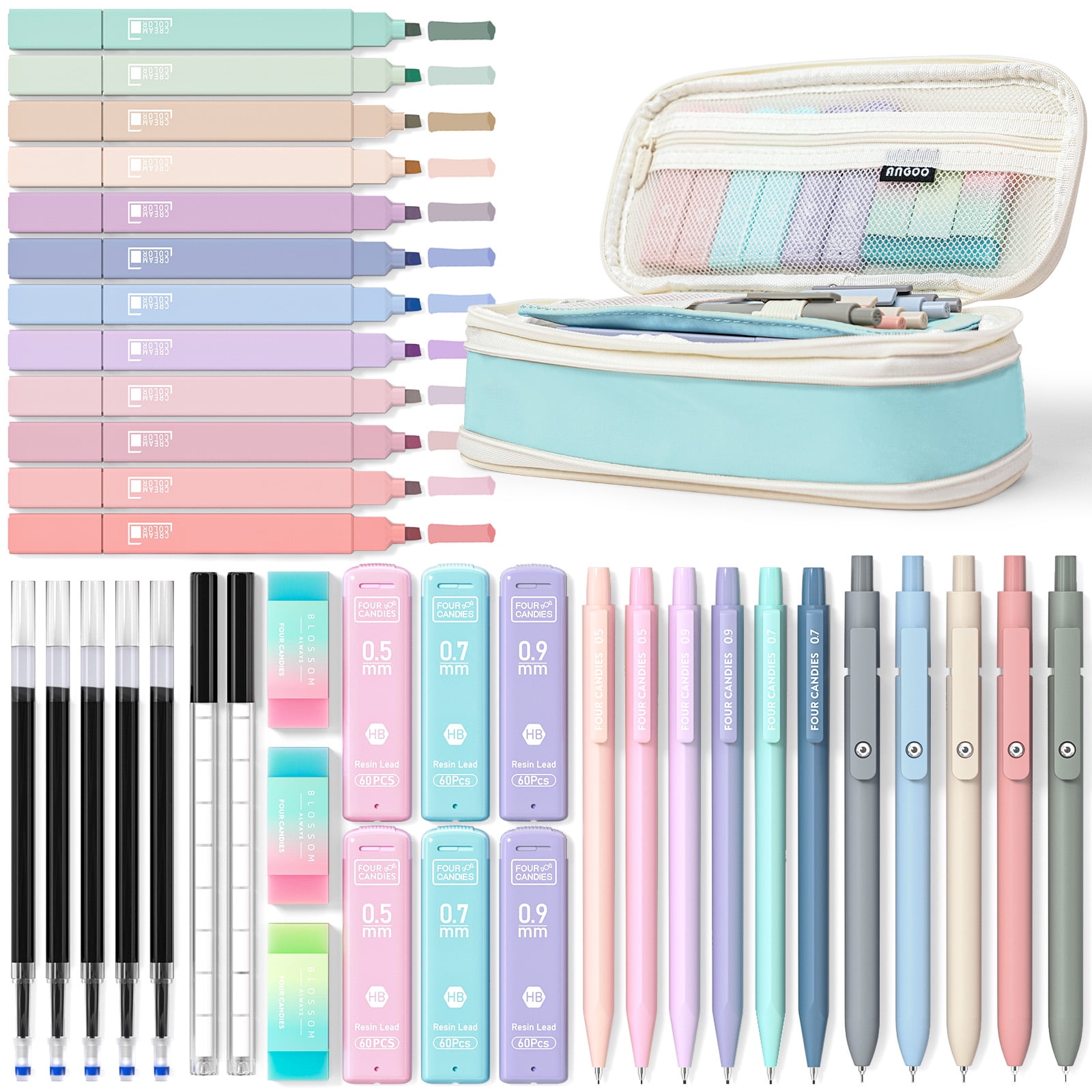 Four Candies 39 PCS Aesthetic School Supplies, 12 Pastel Highlighters ...