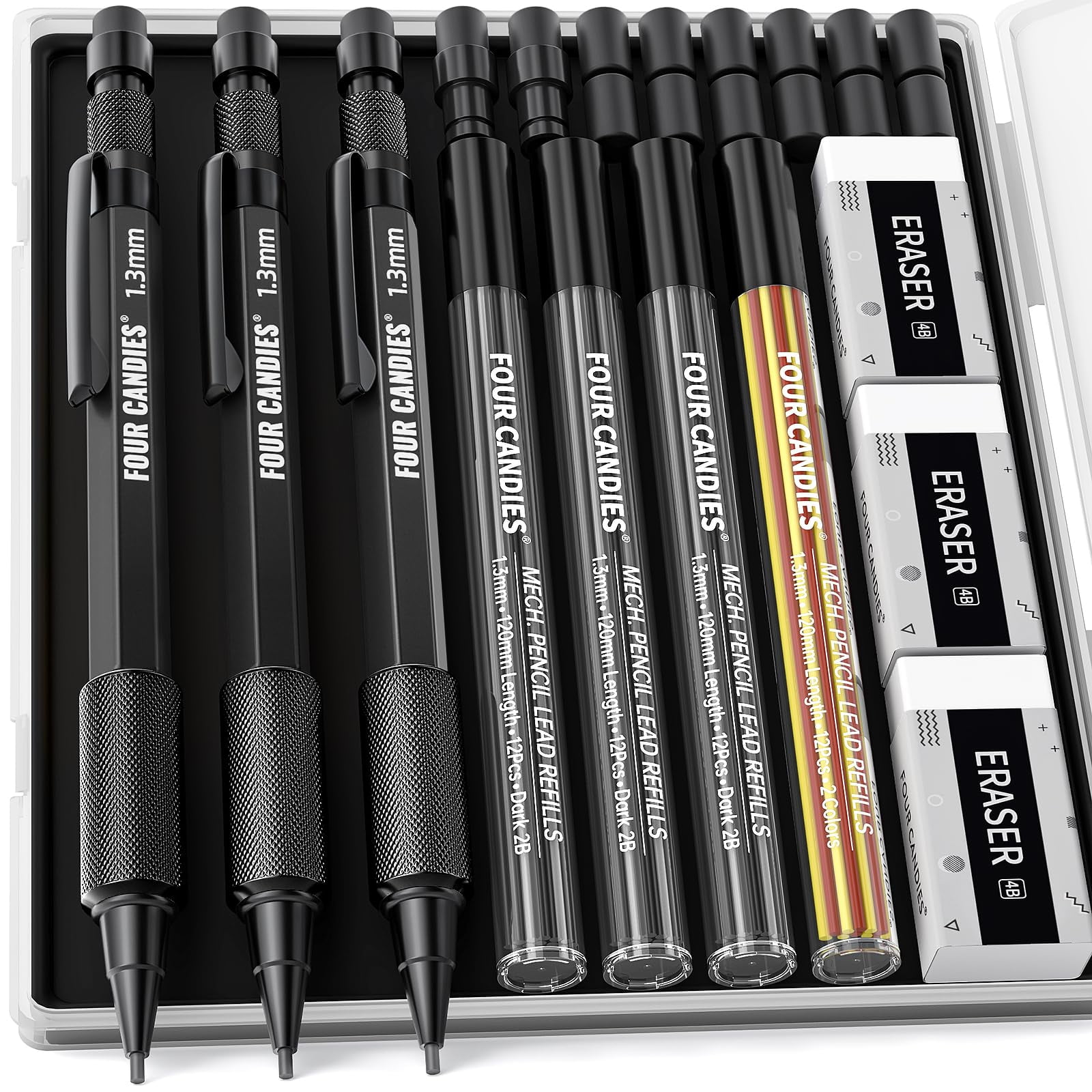 Four Candies 1.3mm Mechanical Pencil Set with 48 Lead Refill, 3PCS ...