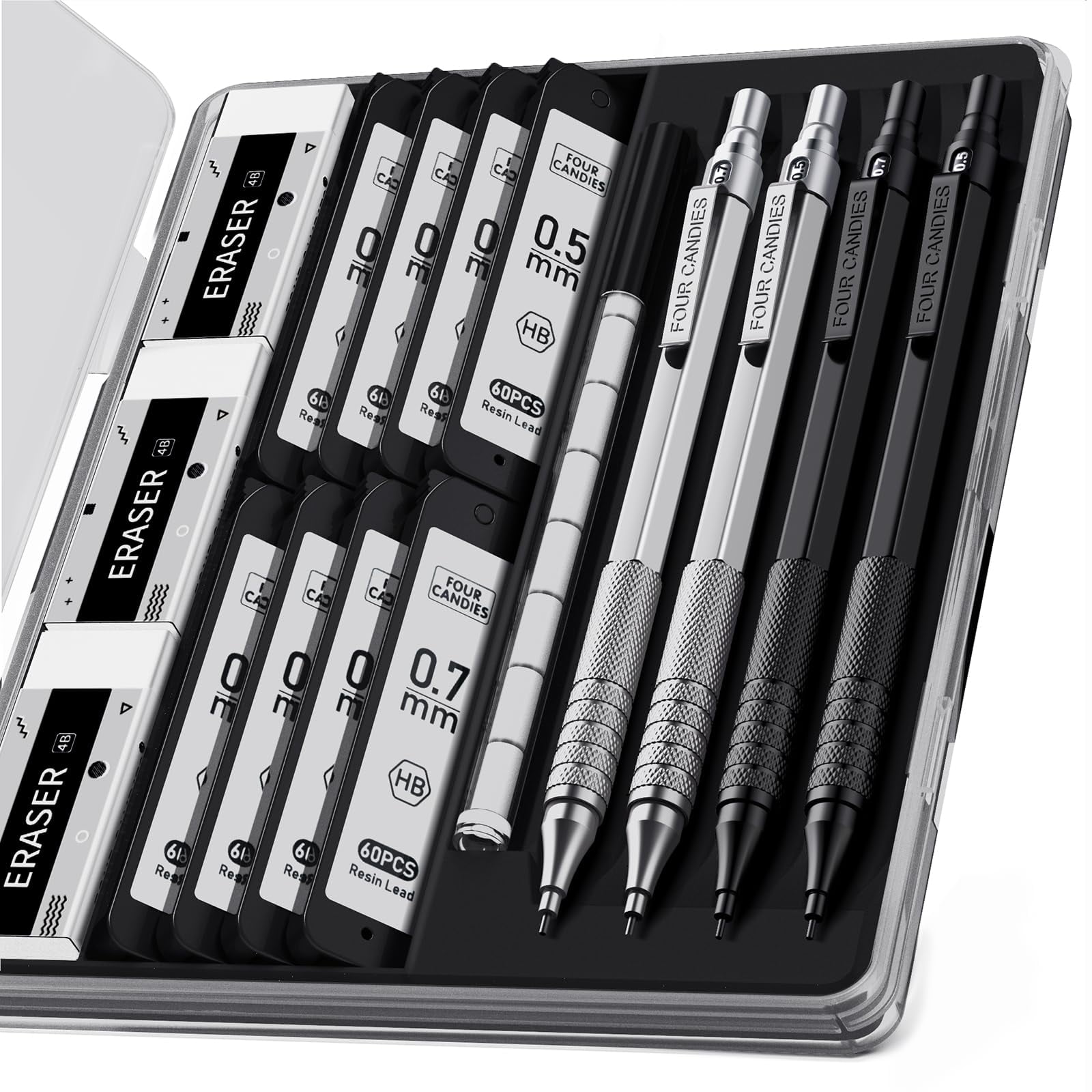 Four Candies 4PCS Metal Mechanical Pencils Set with Case, 0.5mm & 0.7 ...