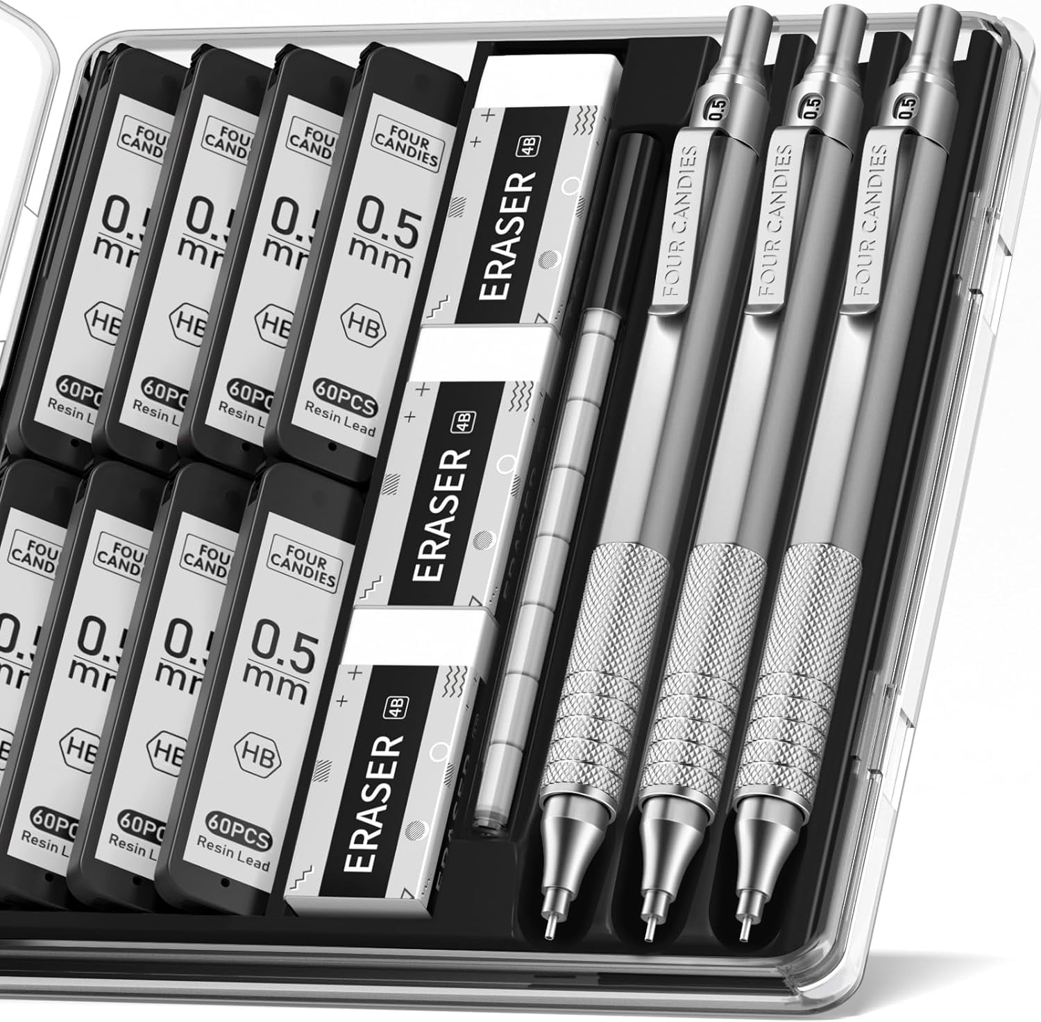 Four Candies Mechanical Pencil Set with Case Erasers Refills, 0.5, 8 HB ...