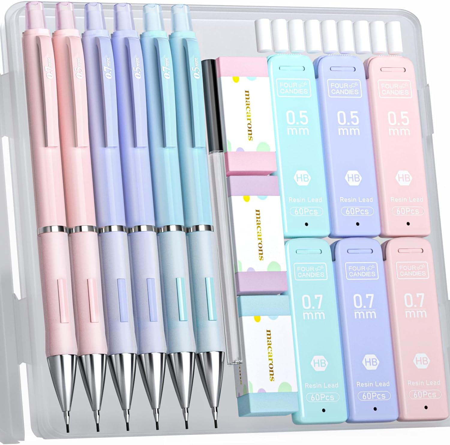Four Candies Pastel Mechanical Pencil Set, 0.5mm and 0.7mm, 6 Pencils ...